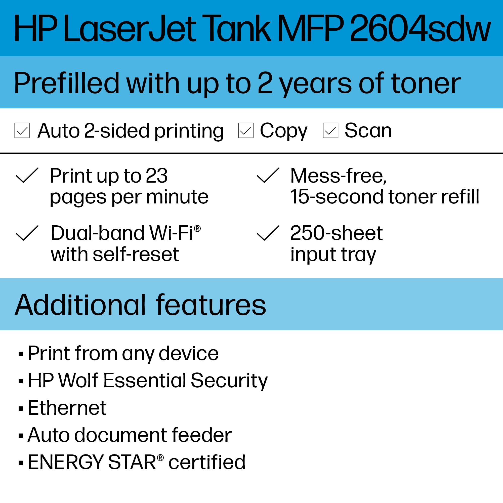 HP LaserJet Tank MFP 2604sdw Wireless Black & White Printer Prefilled With Up to 2 Years of Original HP Toner (381V1A)