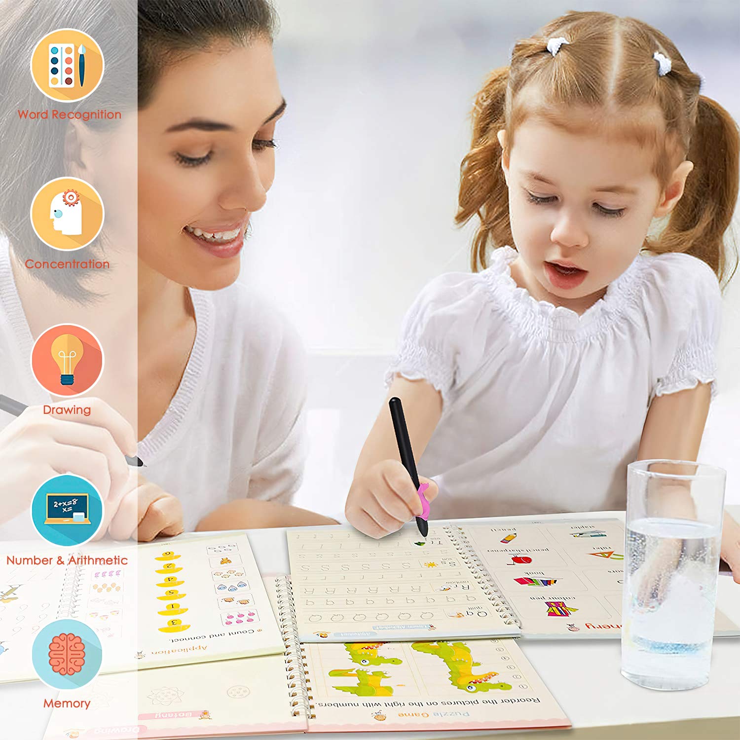 RYZ Magic Practice Copybook for Kids, Magic Calligraphy That Can Be Reused,Magical Handwriting Workbooks Practice Copybook for Preschoolers Kindergarten(4Book + Pen Set)