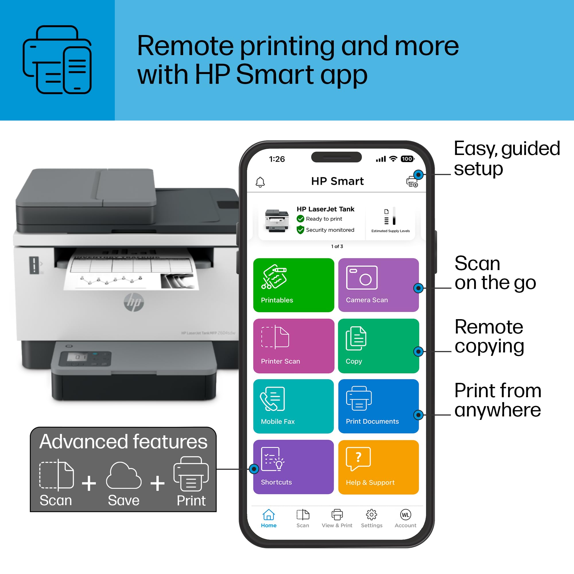 HP LaserJet Tank MFP 2604sdw Wireless Black & White Printer Prefilled With Up to 2 Years of Original HP Toner (381V1A)