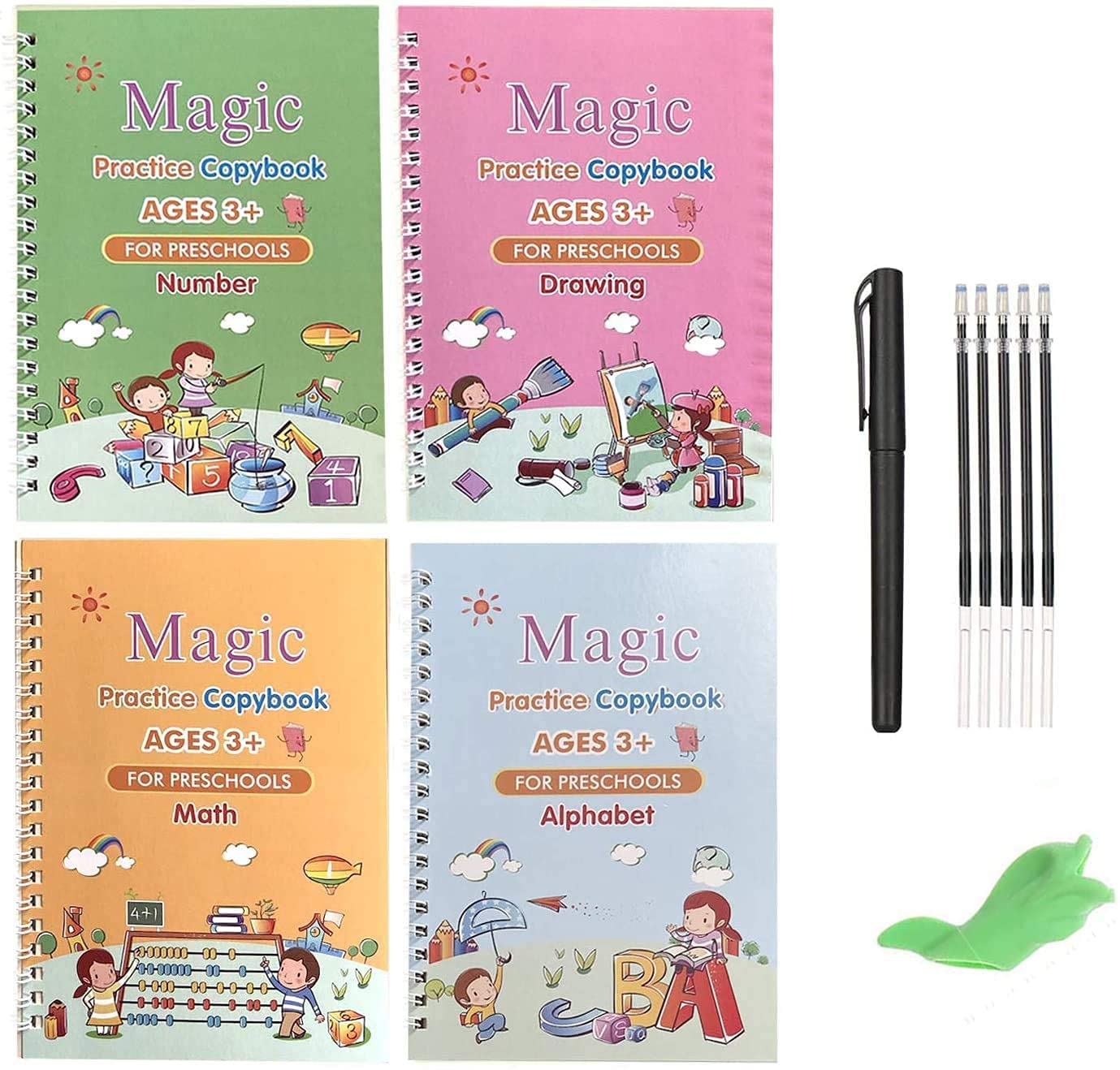RYZ Magic Practice Copybook for Kids, Magic Calligraphy That Can Be Reused,Magical Handwriting Workbooks Practice Copybook for Preschoolers Kindergarten(4Book + Pen Set)