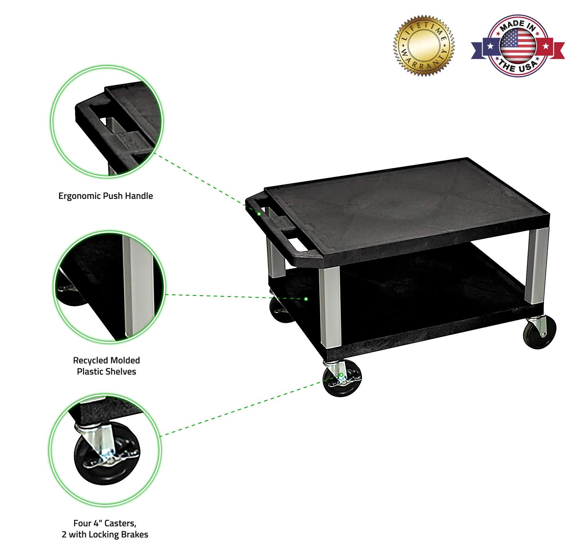 H Wilson Luxor 16"H AV Cart - Two Shelves - Black Legs
