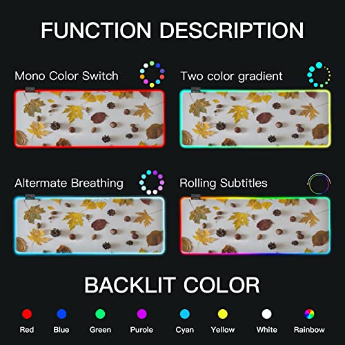 Large RGB Gaming Mouse Pad Autumn Falling Leaves Chestnuts Acorns Isolated Glowing Extended Mousepad 31.5x11.8in, Soft Anti-Slip Rubber Base Luminous Mouse Mat for Pc Laptop, Gaming, Office, Home