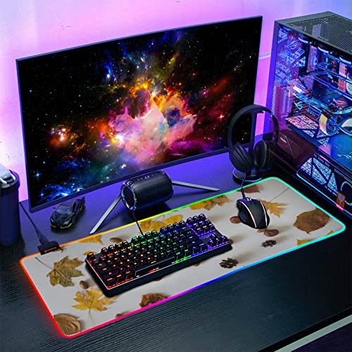 Large RGB Gaming Mouse Pad Autumn Falling Leaves Chestnuts Acorns Isolated Glowing Extended Mousepad 31.5x11.8in, Soft Anti-Slip Rubber Base Luminous Mouse Mat for Pc Laptop, Gaming, Office, Home