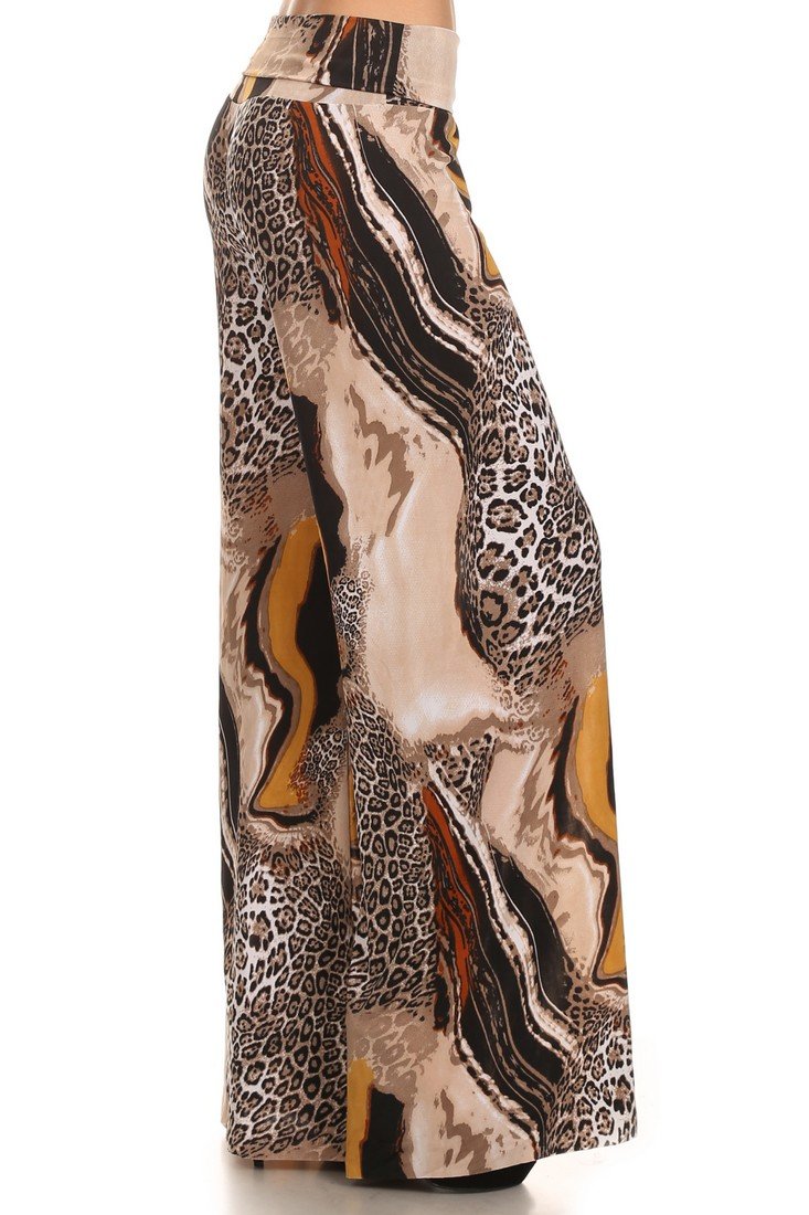 ICONOFLASH Women's Wide Leg Palazzo Pants with Fold-Over Waist (Milky Way Cheetah, Small)