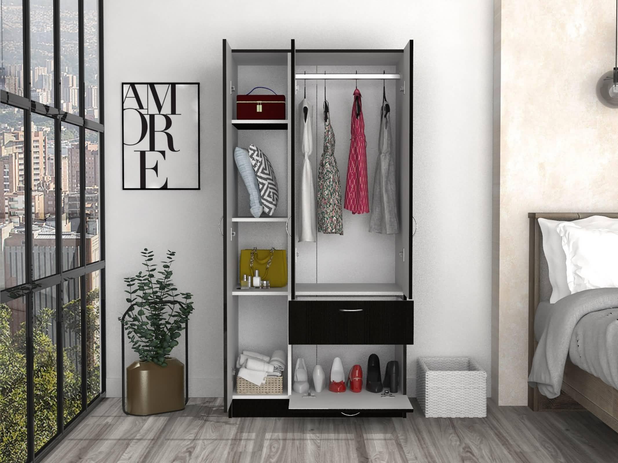 Homxi Armoire,Double Door Cabinets,One Drawer,Metal Rod,Five Shelves -Black White Armoire Wardrobe for Bedroom