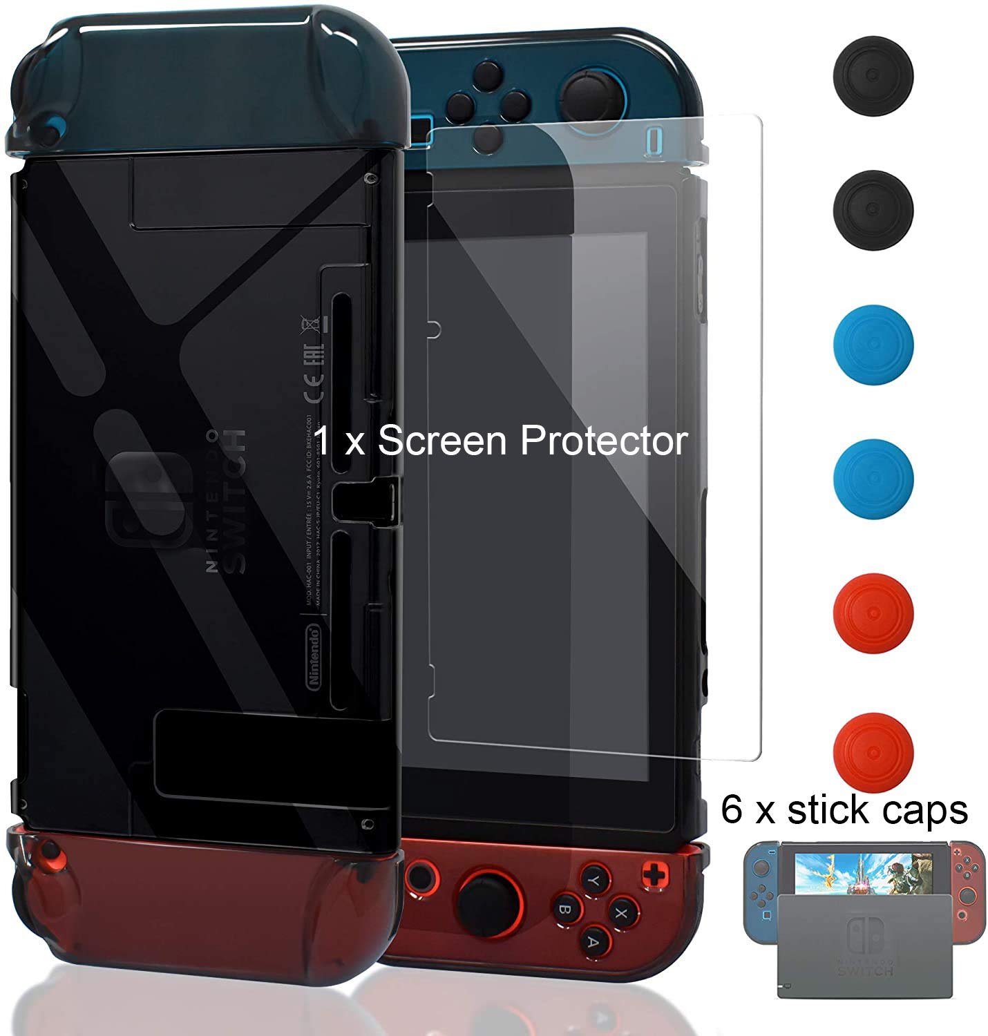 Dockable Case Compatible with Switch Console and Joy-Con Controller, Patterned ( Lizards, leaves, flowers and acorns on a black background ) Protective Case Cover with Tempered Glass Screen