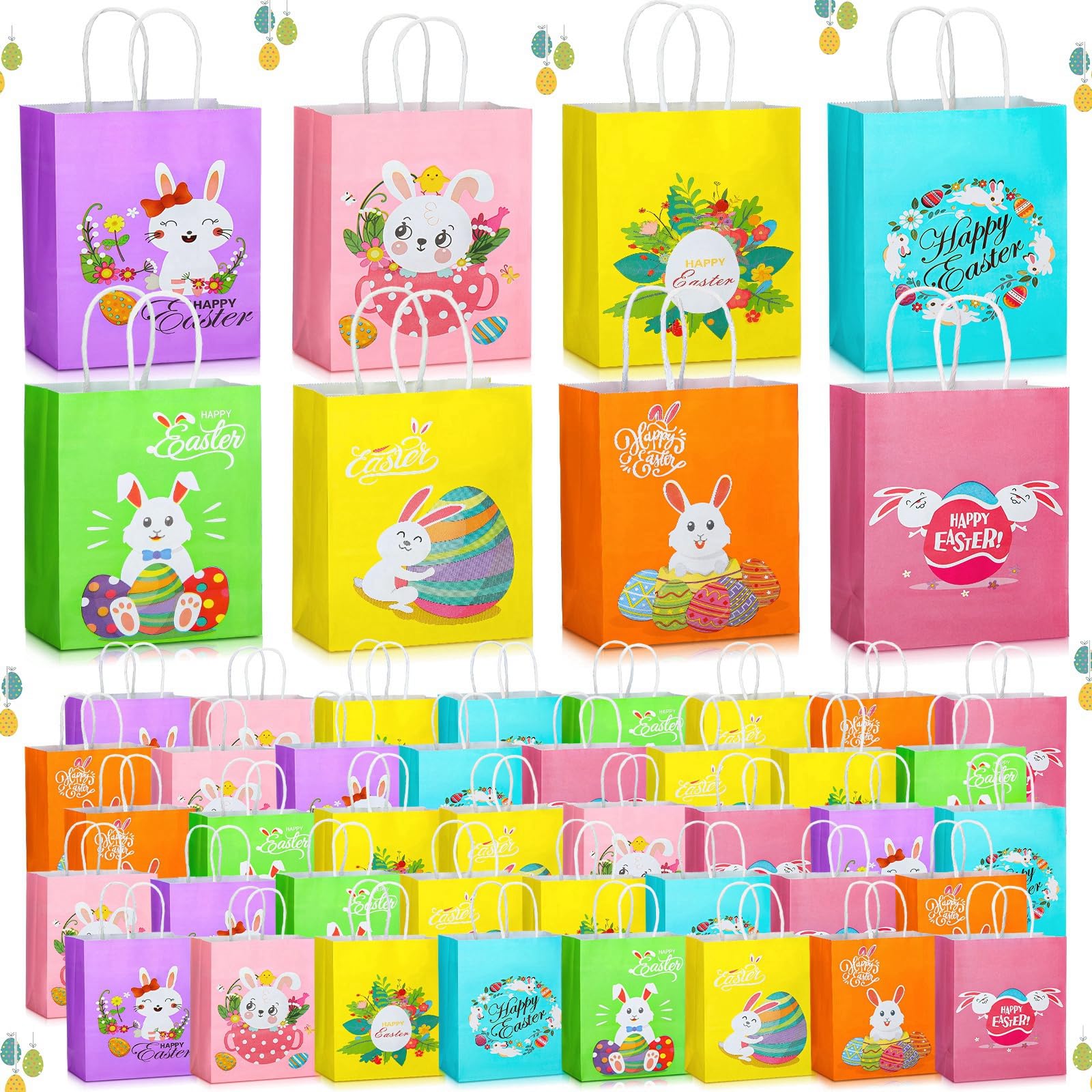 48 Pcs Easter Bunny Gift Bags with Handle, Easter Egg Candy Bags Easter Bags for Treats Easter Egg Hunt Bags Easter Paper Bag for Party Supplies, Goodie Treat Bag
