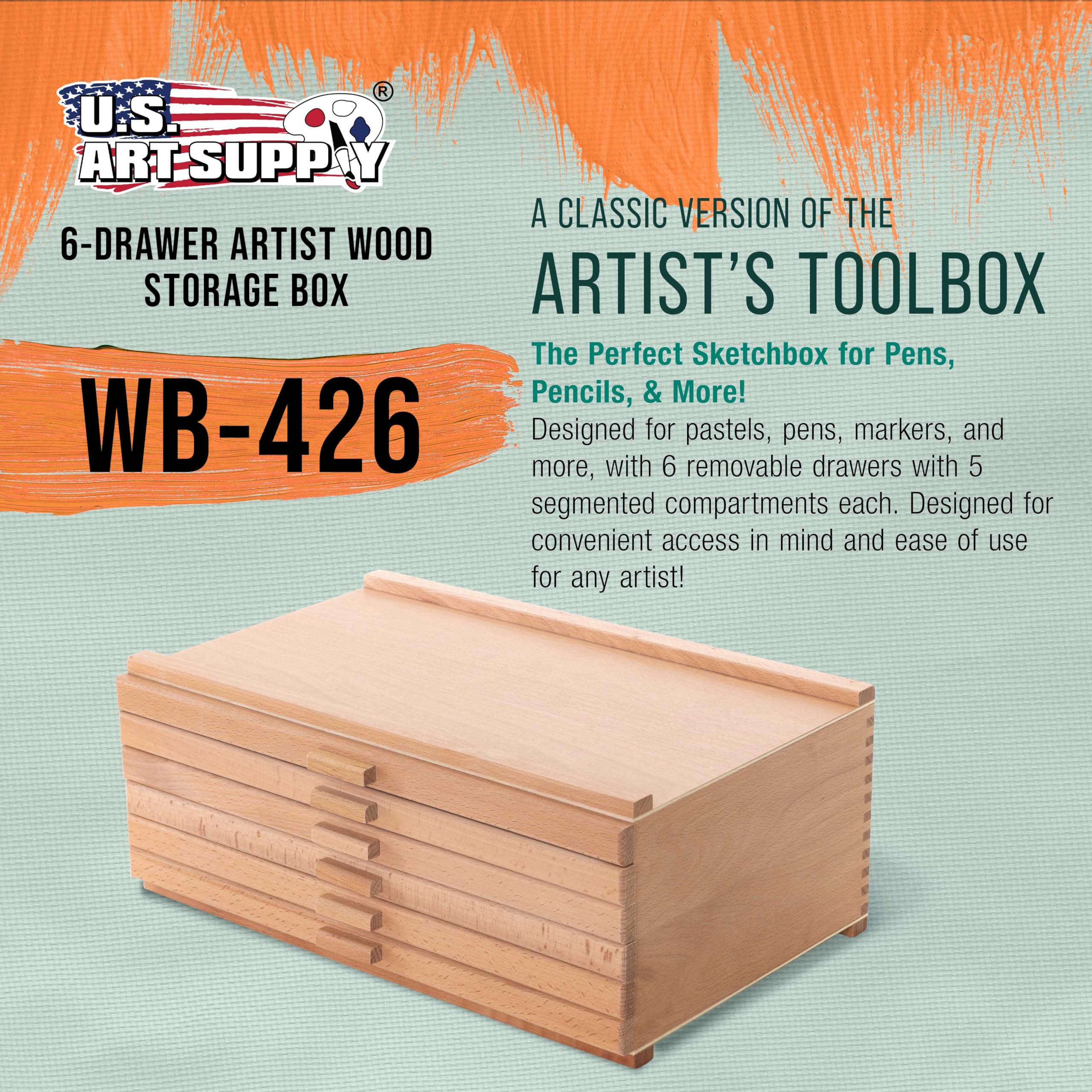 U.S. Art Supply 6 Drawer Wood Artist Supply Storage Box - Pastels, Pencils, Pens, Markers, Brushes