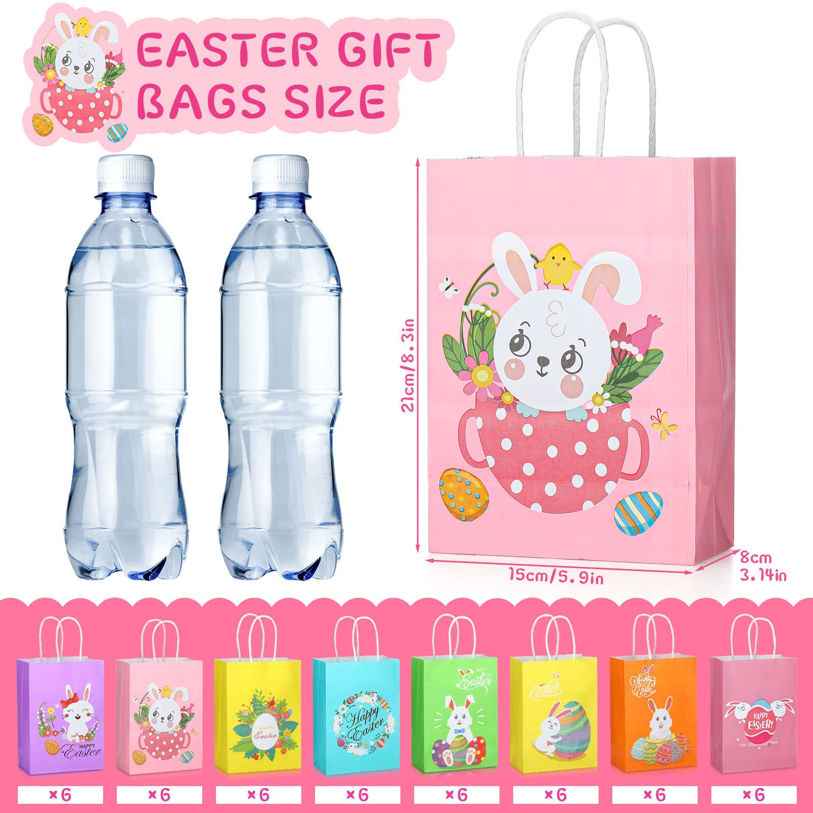 48 Pcs Easter Bunny Gift Bags with Handle, Easter Egg Candy Bags Easter Bags for Treats Easter Egg Hunt Bags Easter Paper Bag for Party Supplies, Goodie Treat Bag