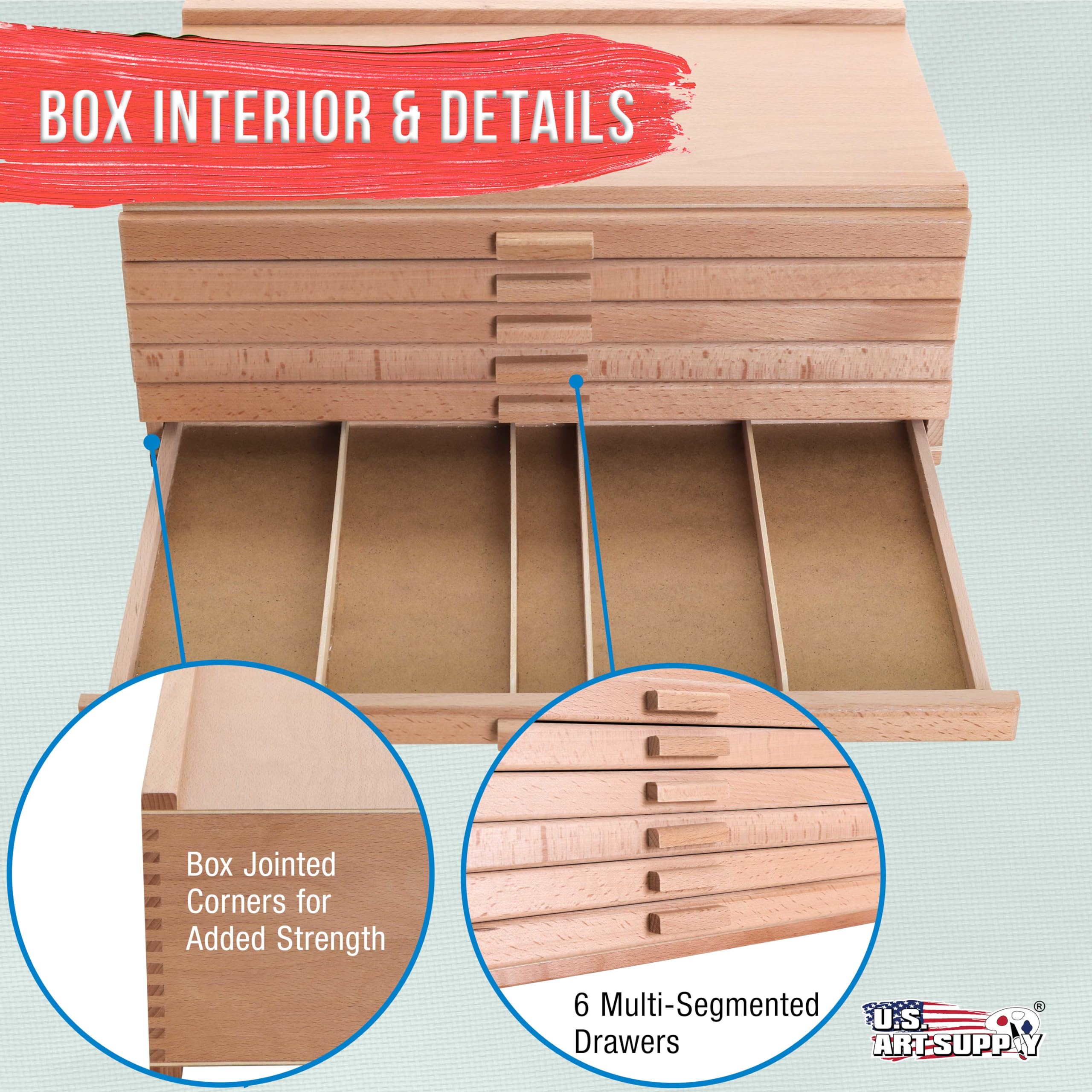 U.S. Art Supply 6 Drawer Wood Artist Supply Storage Box - Pastels, Pencils, Pens, Markers, Brushes