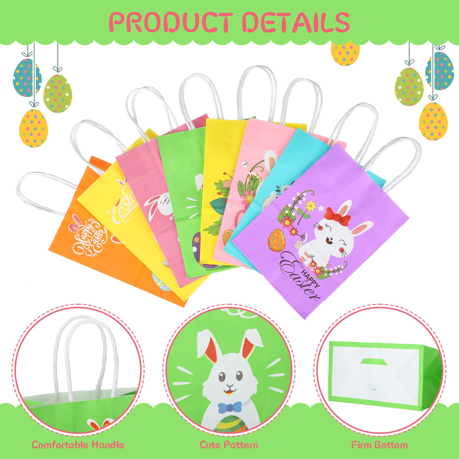 48 Pcs Easter Bunny Gift Bags with Handle, Easter Egg Candy Bags Easter Bags for Treats Easter Egg Hunt Bags Easter Paper Bag for Party Supplies, Goodie Treat Bag