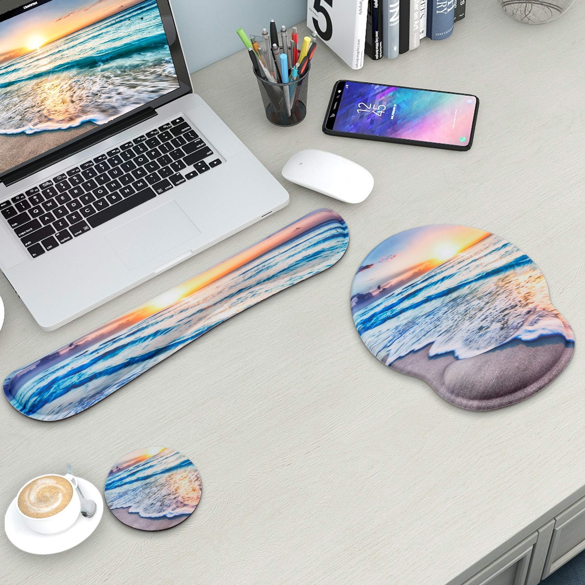 Mouse Pad and Keyboard Wrist Rest Support, with Non-Slip PU Base,Gel Mouse Pad with Coaster,Pain Relief for Gaming, Computer,Office -Beach