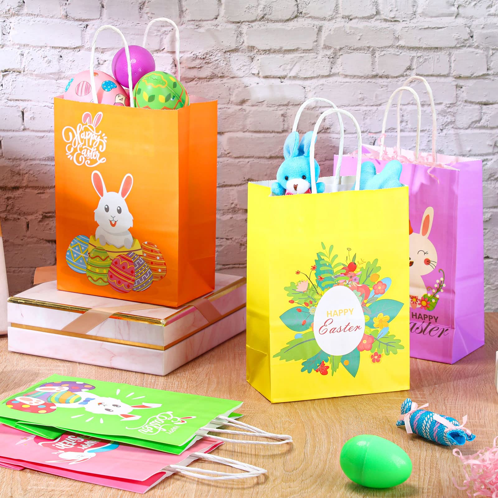 48 Pcs Easter Bunny Gift Bags with Handle, Easter Egg Candy Bags Easter Bags for Treats Easter Egg Hunt Bags Easter Paper Bag for Party Supplies, Goodie Treat Bag