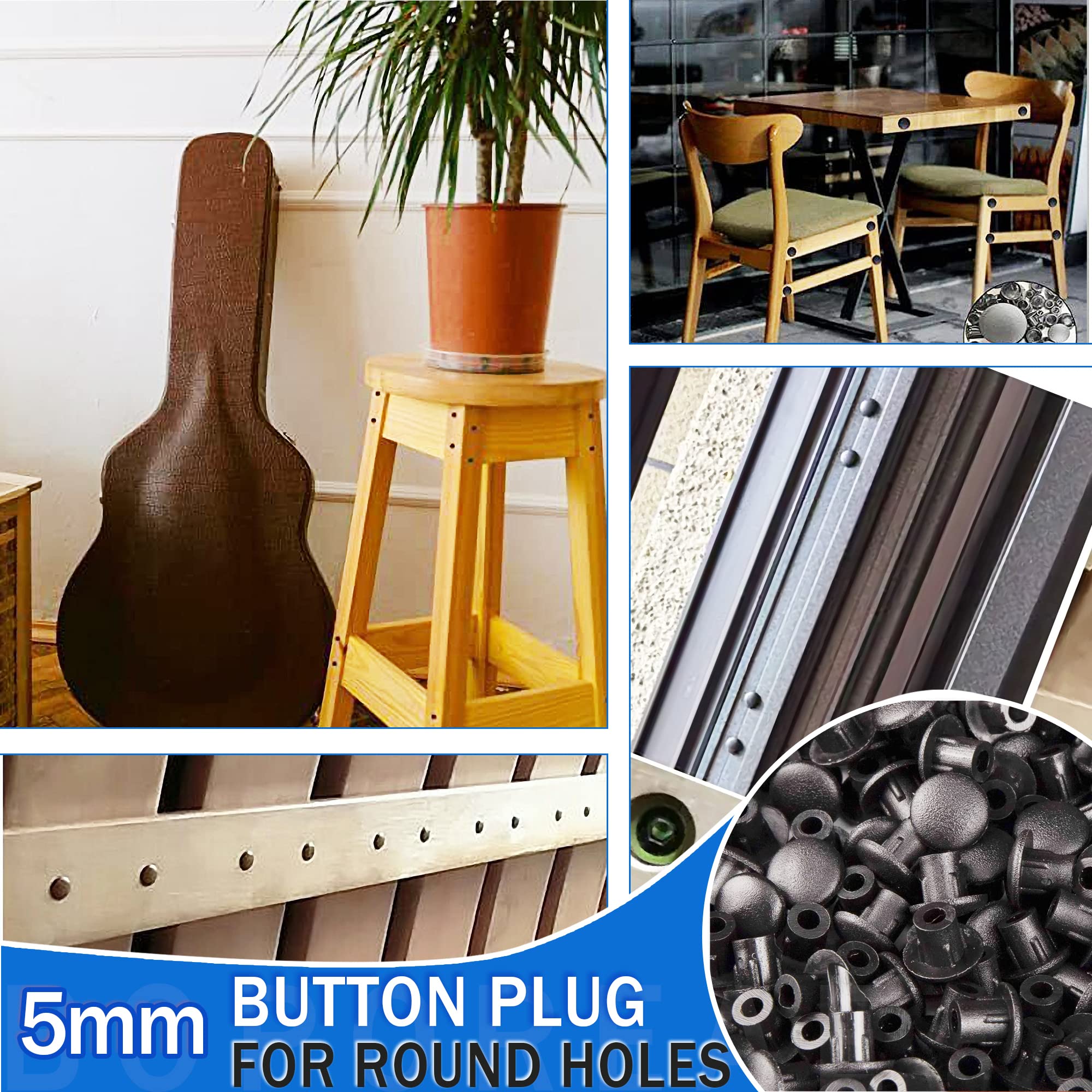 BOPOREAE 500Pcs 3/16 Inch Plastic Hole Plugs,5 mm Black Screw Cap Round Button Plugs, Cabinet Closet Cupboard Shelves Furniture Peg Pin Nail Drilling Hole Covers