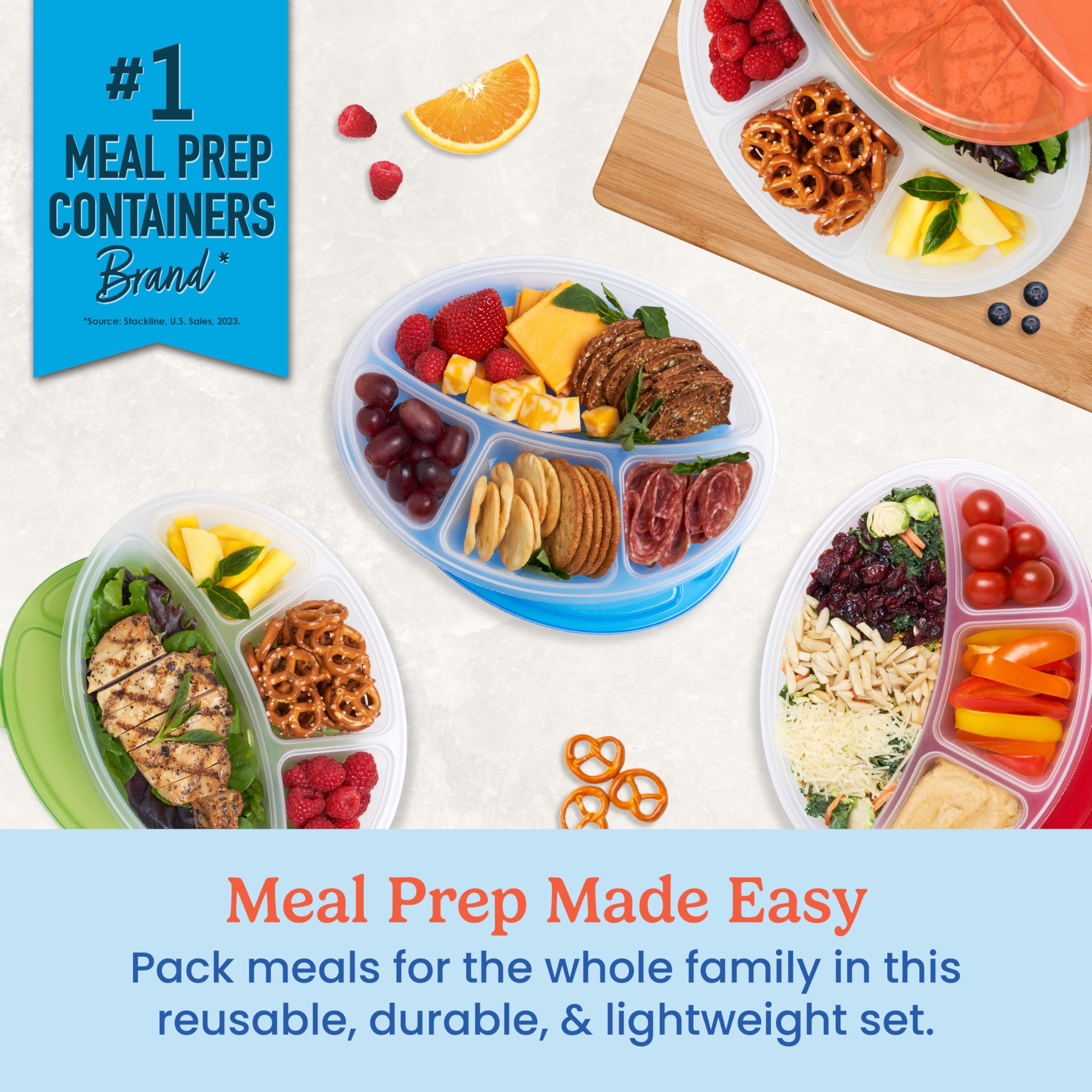 EasyLunchboxes® - Oval Lunch Boxes - Reusable 4-Compartment Food Containers for Work, Travel and Meal Prep, Set of 4, (Classic)