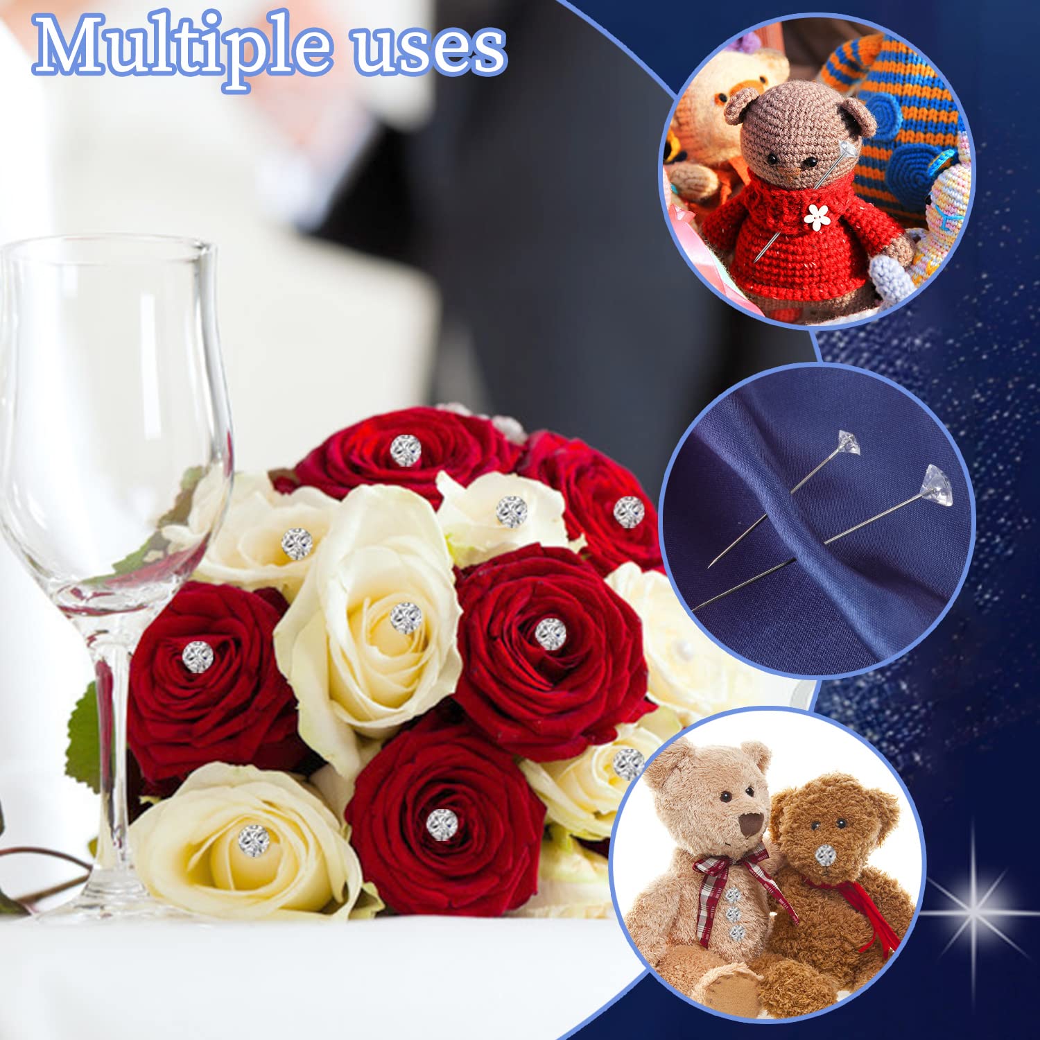 400 PCS Bouquet Pins Flower Pins, Straight Pins Clear Sewing Pins Crystal Diamond Head Pins for Craft Wedding Jewelry Decoration (2.1''/1.5'')