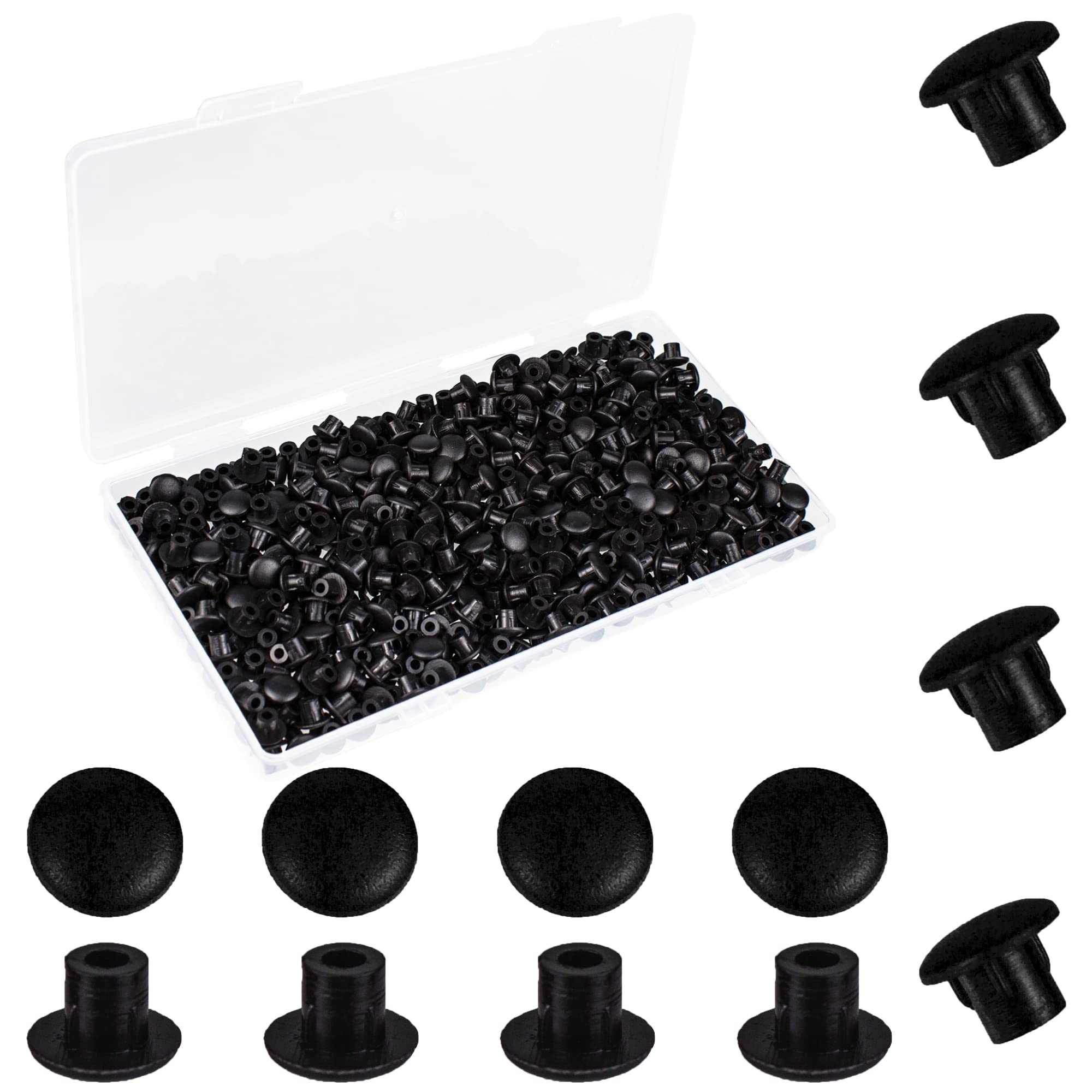 BOPOREAE 500Pcs 3/16 Inch Plastic Hole Plugs,5 mm Black Screw Cap Round Button Plugs, Cabinet Closet Cupboard Shelves Furniture Peg Pin Nail Drilling Hole Covers