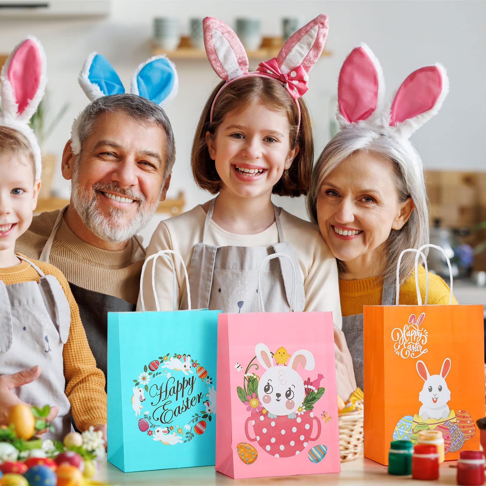 48 Pcs Easter Bunny Gift Bags with Handle, Easter Egg Candy Bags Easter Bags for Treats Easter Egg Hunt Bags Easter Paper Bag for Party Supplies, Goodie Treat Bag