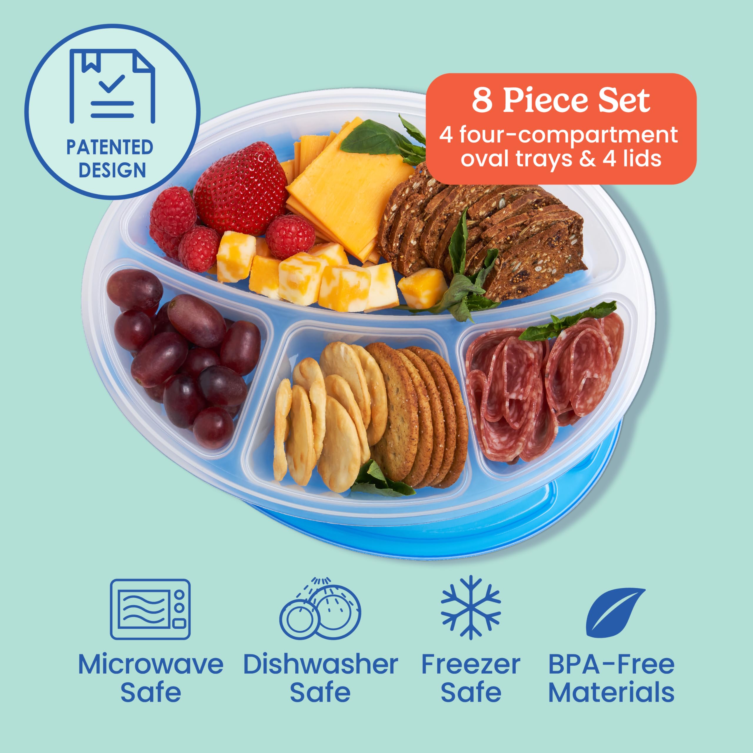 EasyLunchboxes® - Oval Lunch Boxes - Reusable 4-Compartment Food Containers for Work, Travel and Meal Prep, Set of 4, (Classic)