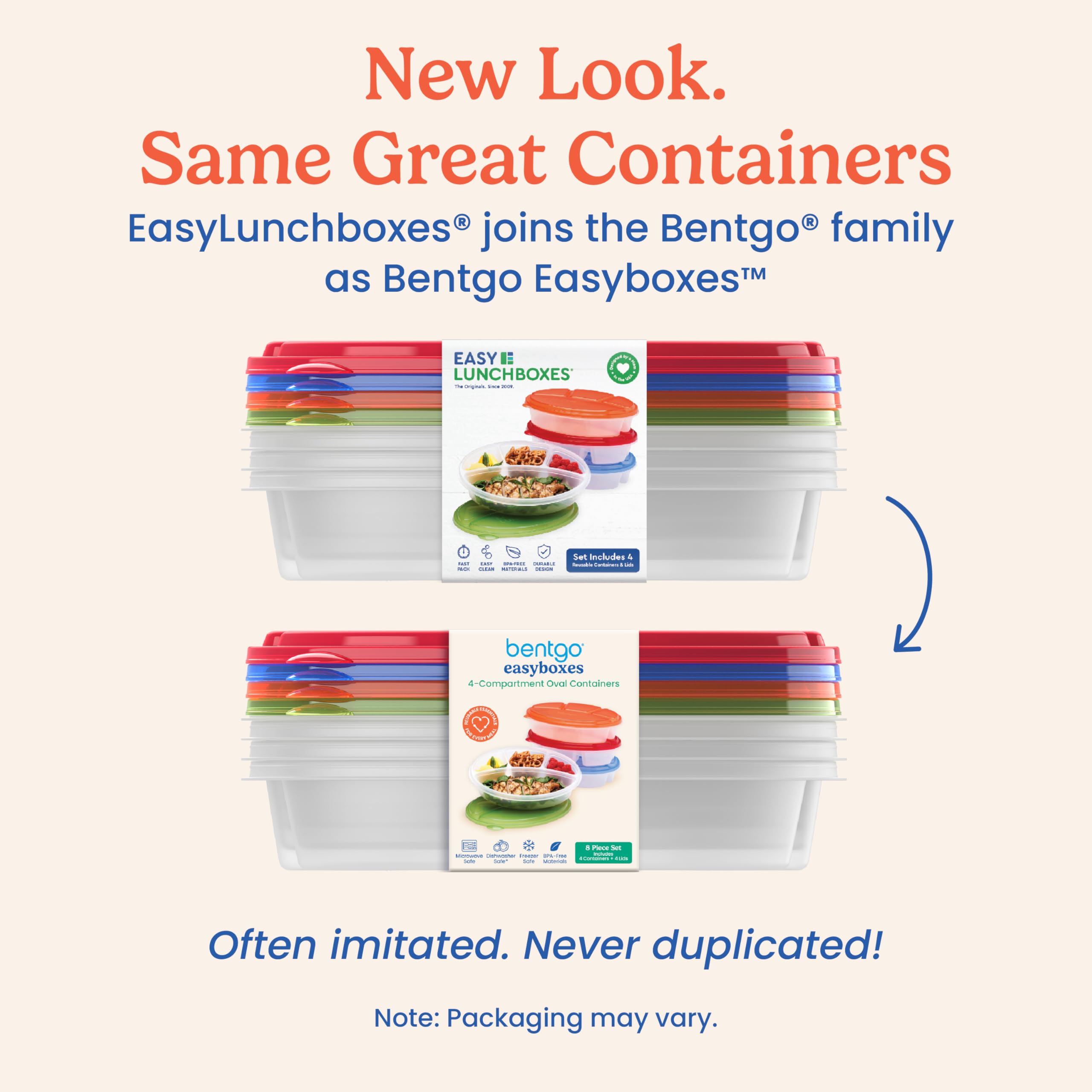 EasyLunchboxes® - Oval Lunch Boxes - Reusable 4-Compartment Food Containers for Work, Travel and Meal Prep, Set of 4, (Classic)