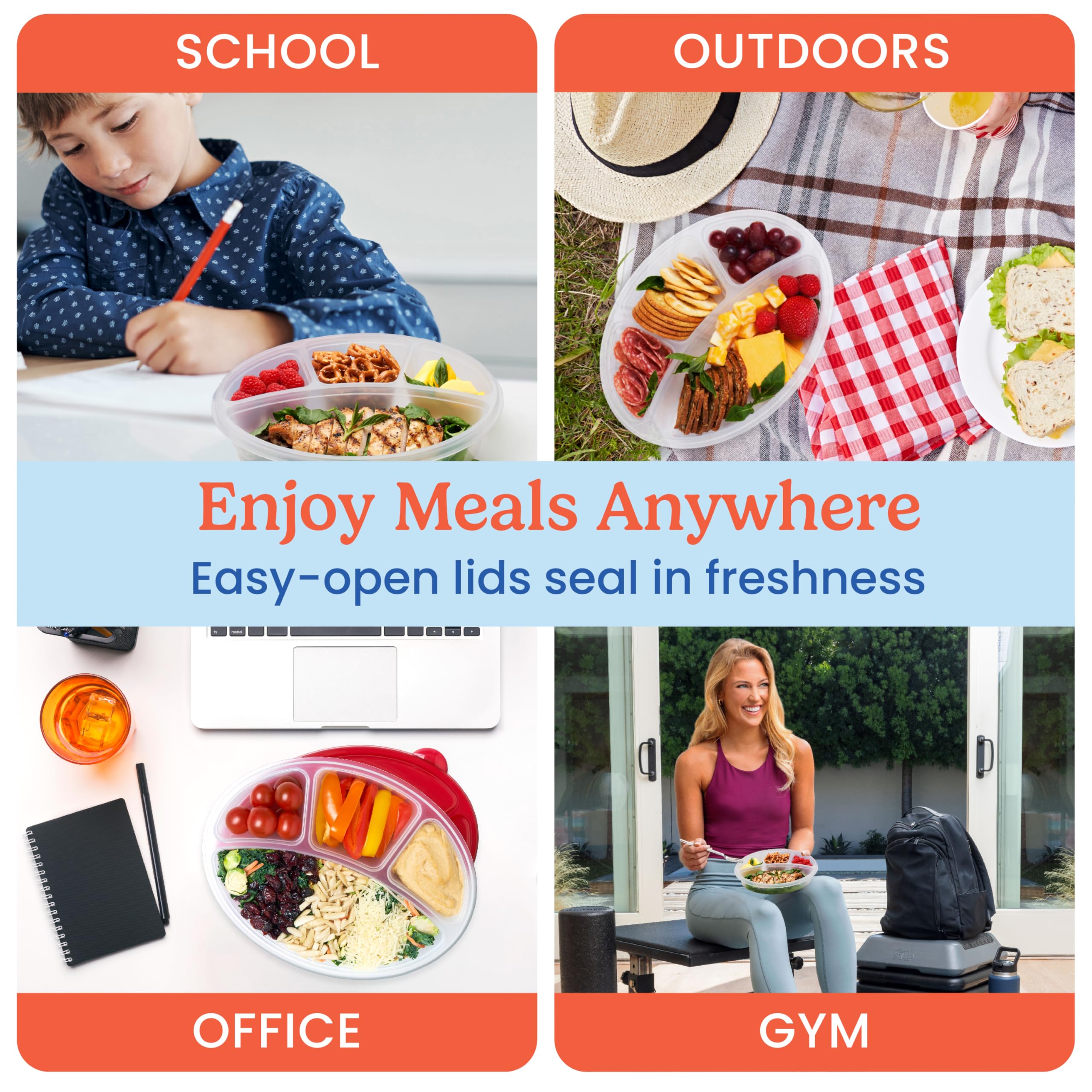 EasyLunchboxes® - Oval Lunch Boxes - Reusable 4-Compartment Food Containers for Work, Travel and Meal Prep, Set of 4, (Classic)