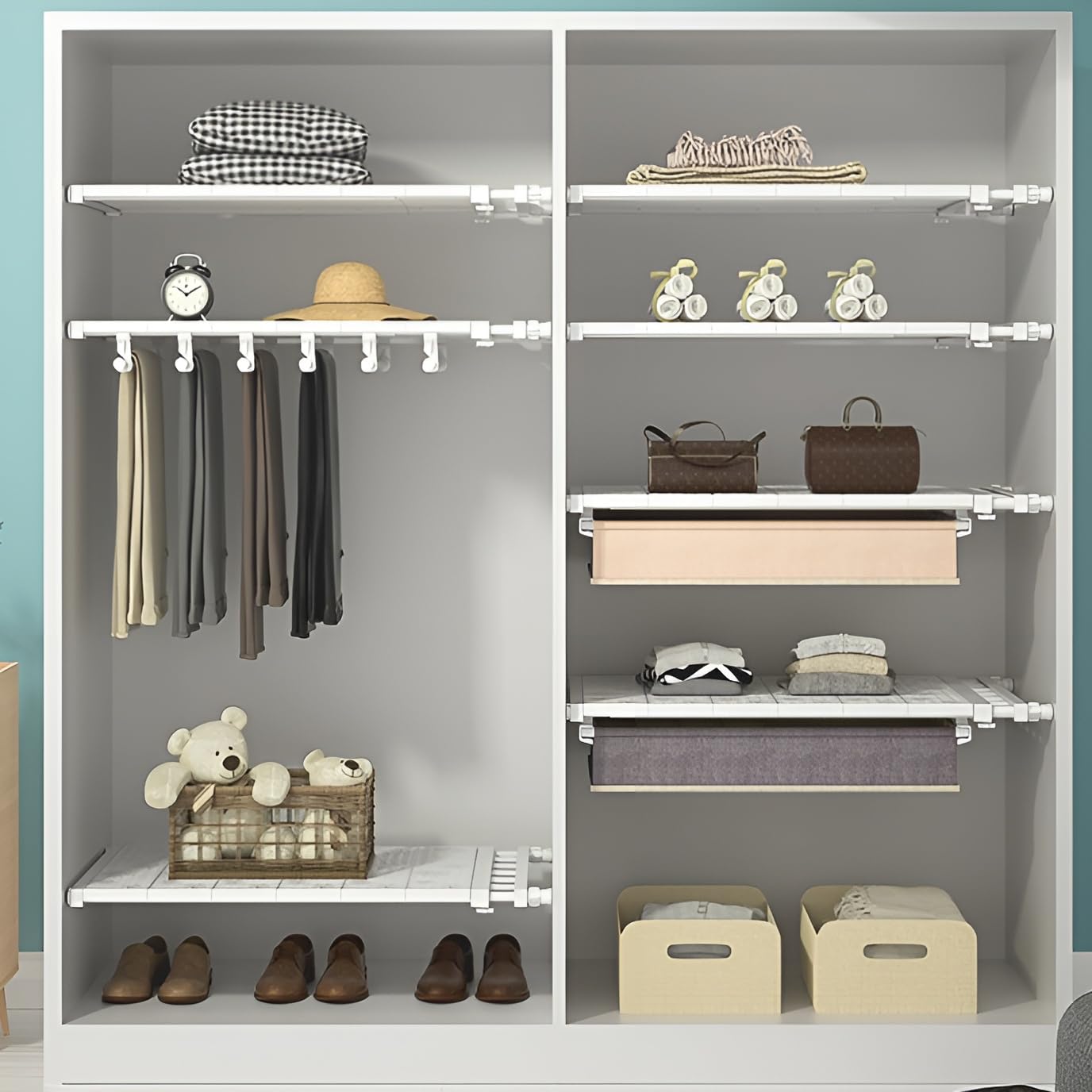 HabiWell Adjustable Closet Organizer Storage Shelf for Cabinet Kitchen Rack Space Saving Wardrobe Closet Shelves Cabinet Holders (Width 11.8 inch, Length 21-35.4 inch)