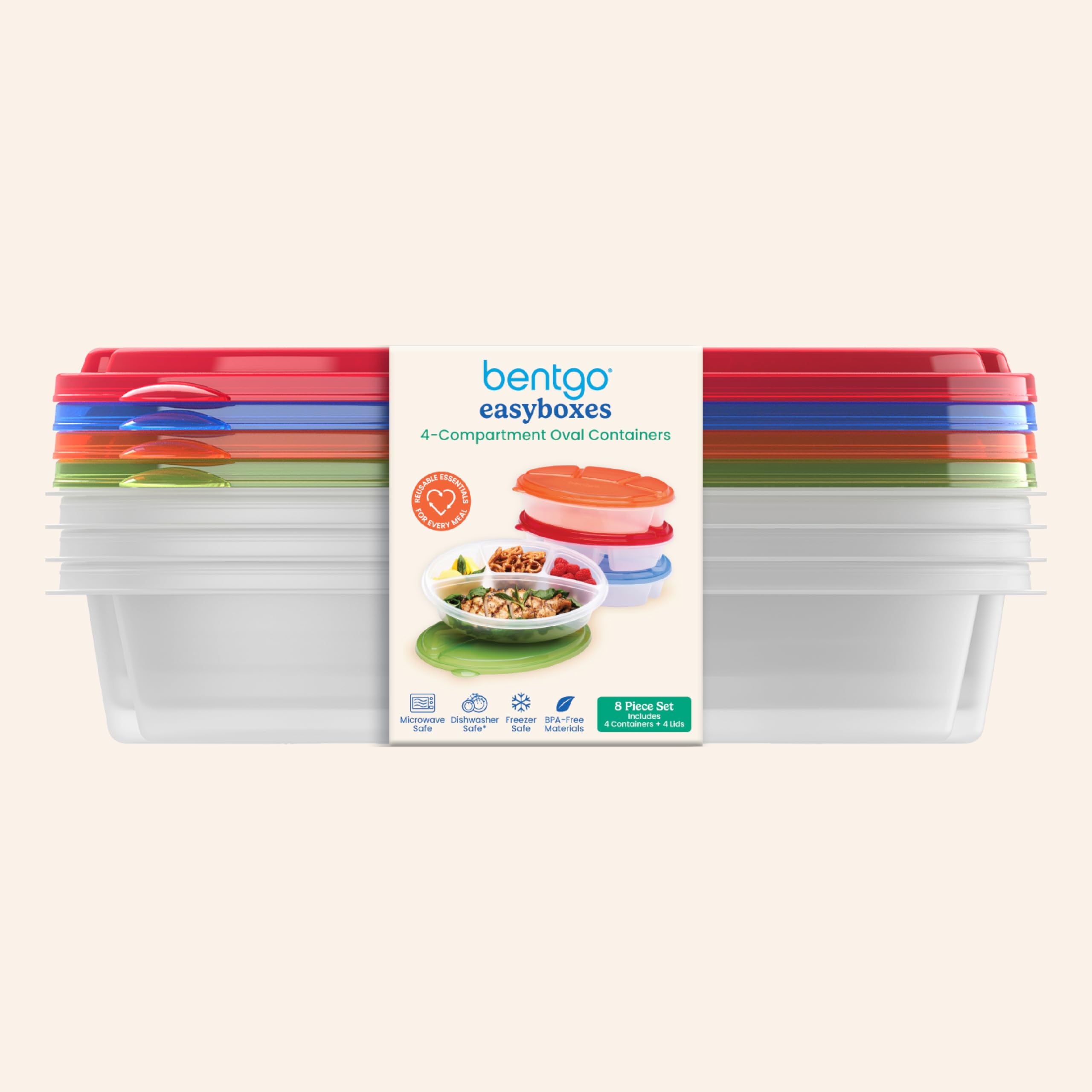 EasyLunchboxes® - Oval Lunch Boxes - Reusable 4-Compartment Food Containers for Work, Travel and Meal Prep, Set of 4, (Classic)