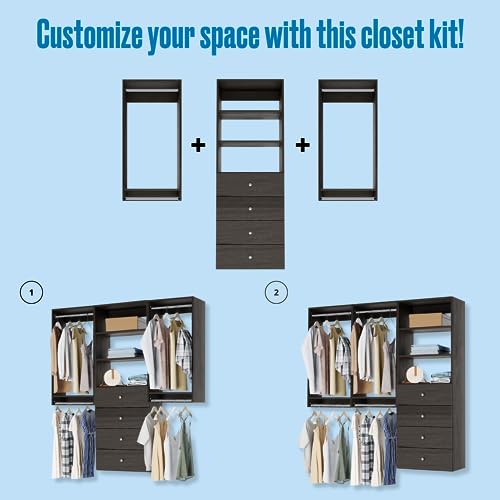MC Modular Closets Closet Kit with Hanging Rods, Shelves & Drawers - Corner Closet System - Grey, 96 inches Wide