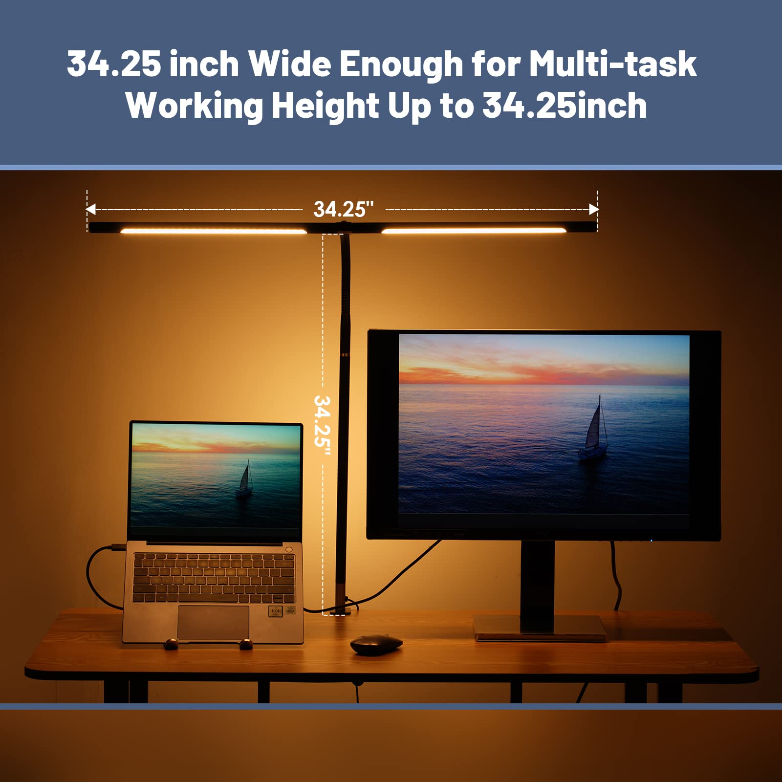 DELIZIO Desk Lamp 34.25in, Architect Lamp for Home Office, 21W Clamp Lamp ,3 Color Modes Stepless Dimming, Modern Eye-Caring Office Light ,Three Head Work Lamp with Remote Control Workbench Lamp