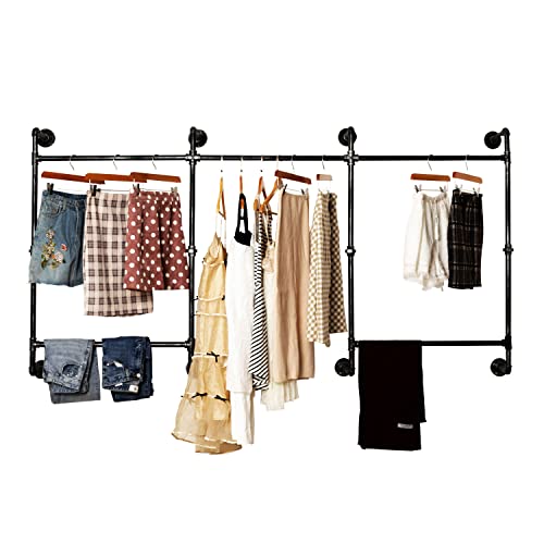 ZYUXUAN Industrial Wall Clothes Rack, Heavy-Duty Clothing Rack, Pipe Style Garment Rack with Four Hanging Rods for Home, Laundry Room, Retail Store, Rustic Black (five hanging rods)