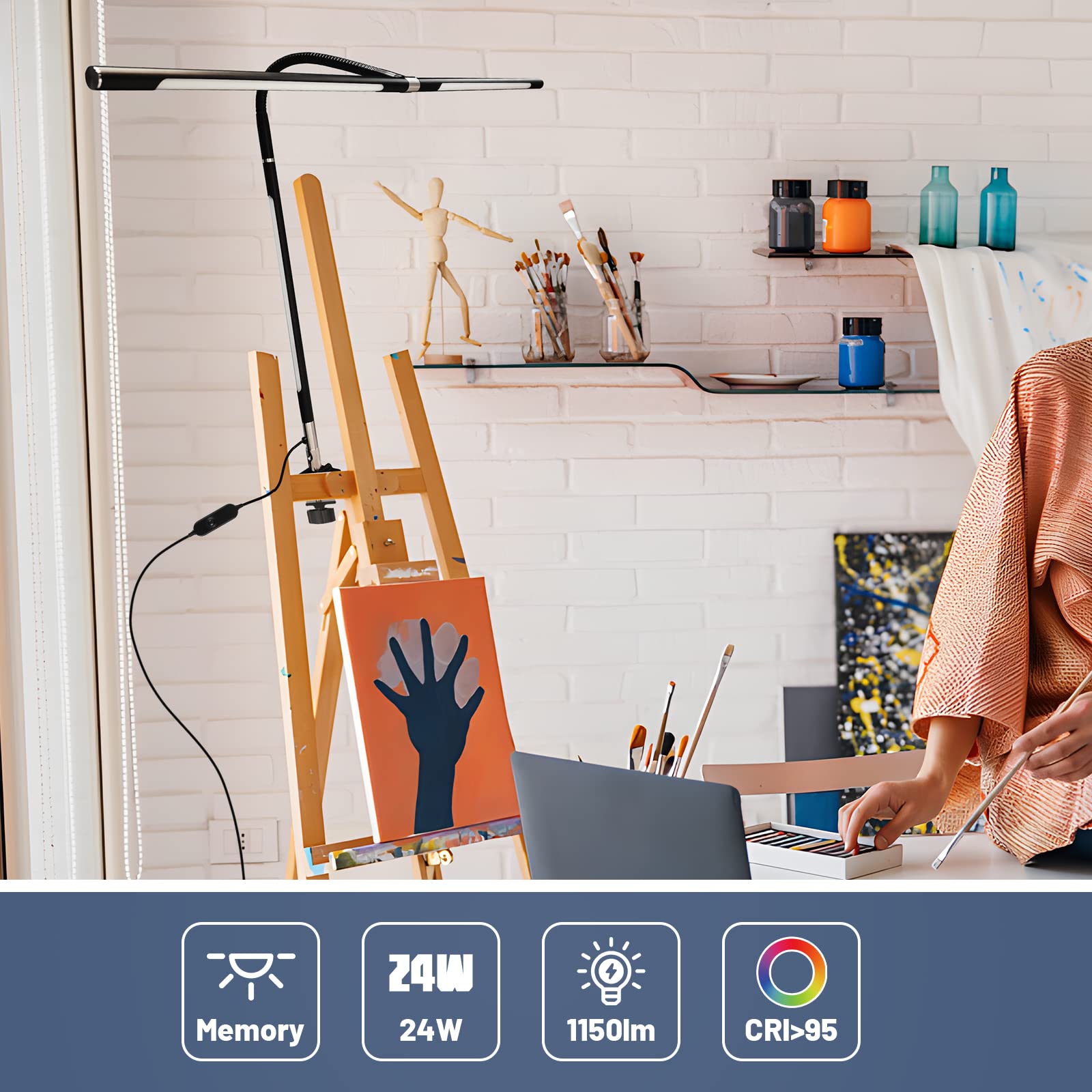 DELIZIO Desk Lamp 34.25in, Architect Lamp for Home Office, 21W Clamp Lamp ,3 Color Modes Stepless Dimming, Modern Eye-Caring Office Light ,Three Head Work Lamp with Remote Control Workbench Lamp