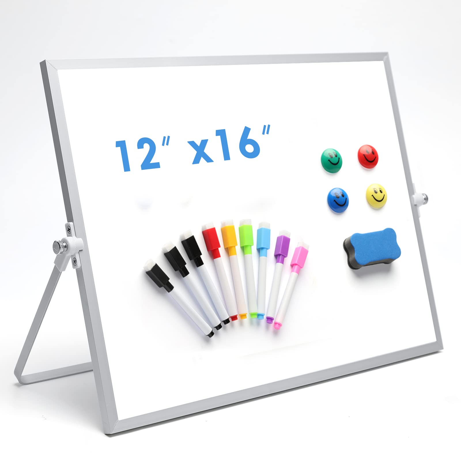 Dry Erase White Board,16”X12” Large Magnetic Calendar Whiteboard with Stand, 9 Markers, 4 Magnets,1 Eraser, Double-Sided Portable Whiteboard Easel for Office, Students Memo to Do List