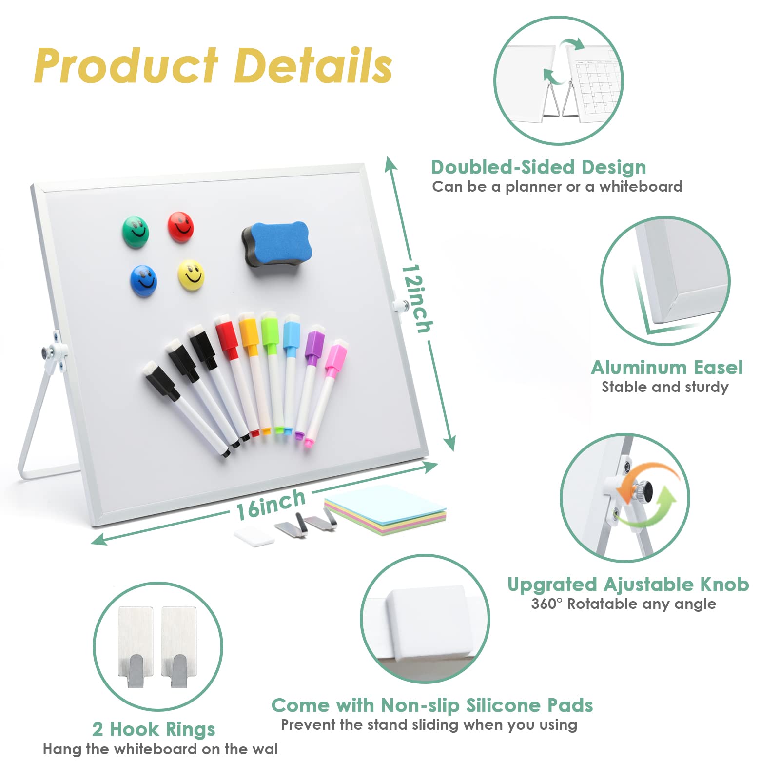 Dry Erase White Board,16”X12” Large Magnetic Calendar Whiteboard with Stand, 9 Markers, 4 Magnets,1 Eraser, Double-Sided Portable Whiteboard Easel for Office, Students Memo to Do List