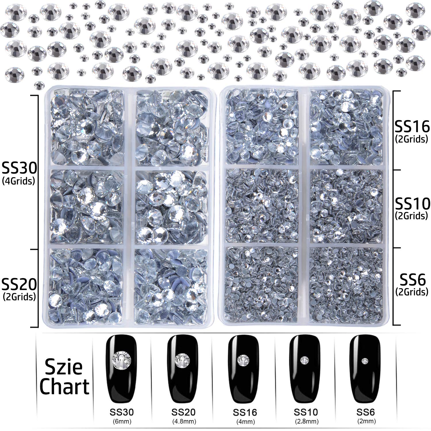 LPBeads 6400 Pieces Hotfix Rhinestones Clear Flat Back 5 Mixed Sizes Crystal Round Glass Gems with Tweezers and Picking Rhinestones Pen