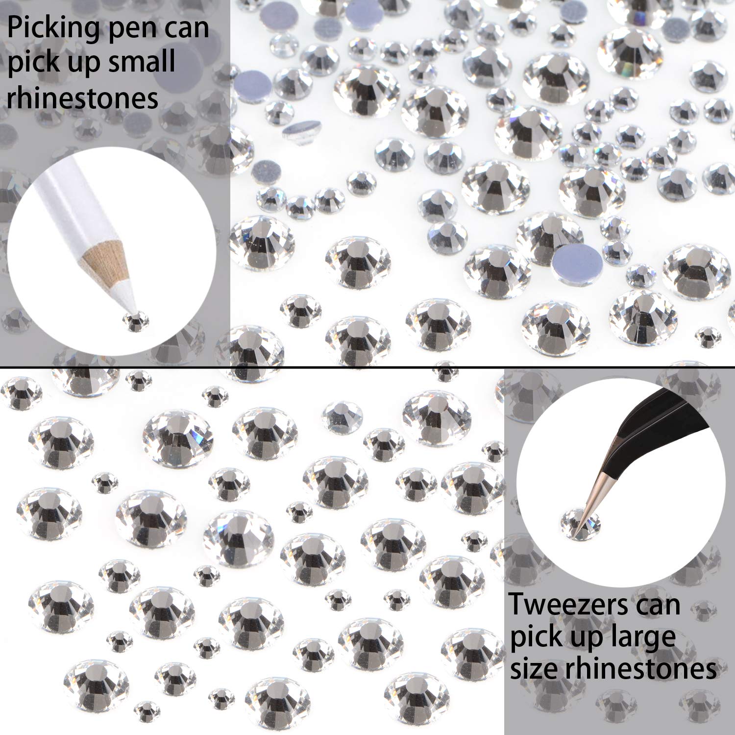 LPBeads 6400 Pieces Hotfix Rhinestones Clear Flat Back 5 Mixed Sizes Crystal Round Glass Gems with Tweezers and Picking Rhinestones Pen