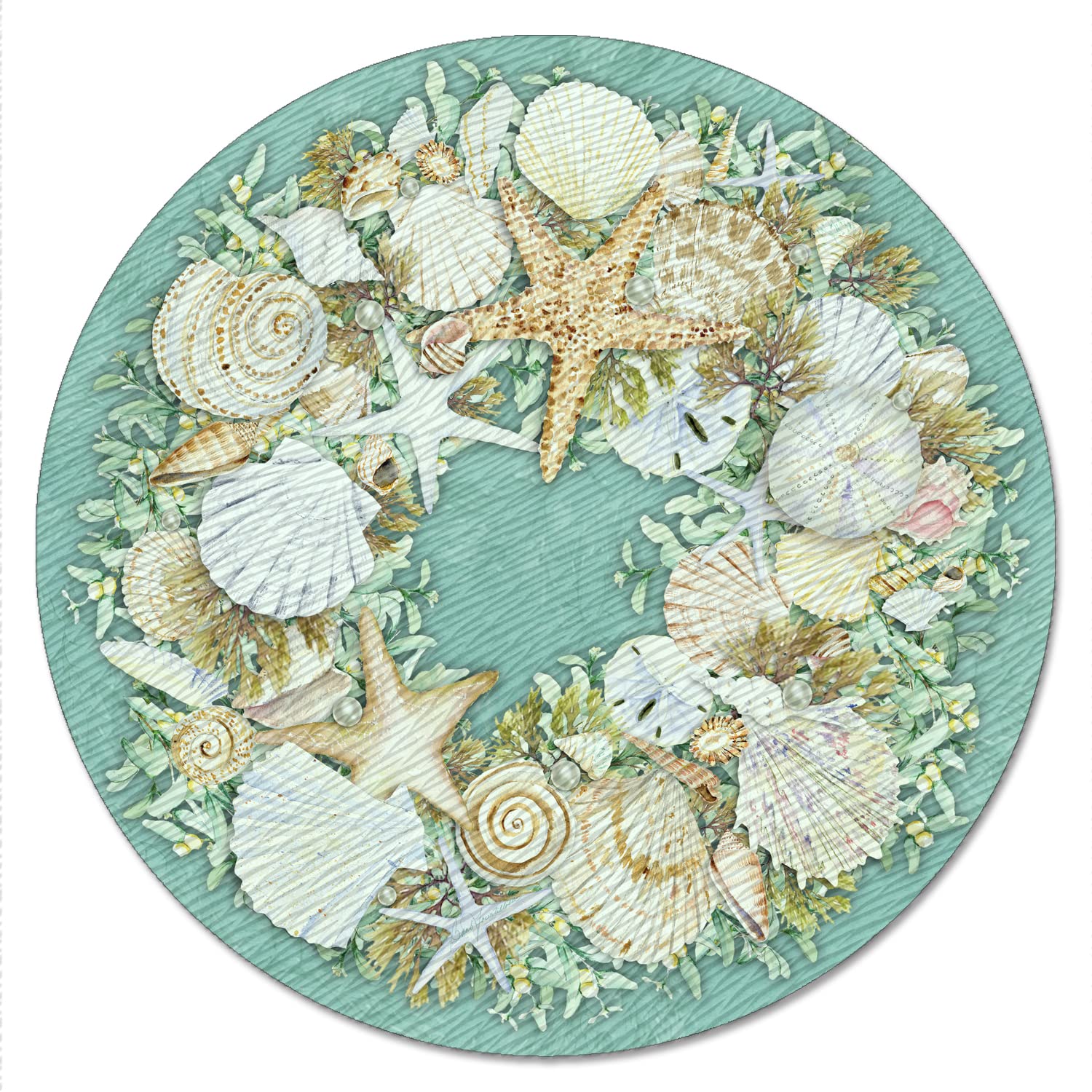 CounterArt Coastal Wreath 4mm Heat Tolerant Tempered Glass Lazy Susan Turntable 13” Diameter Cake Plate Pizza Server