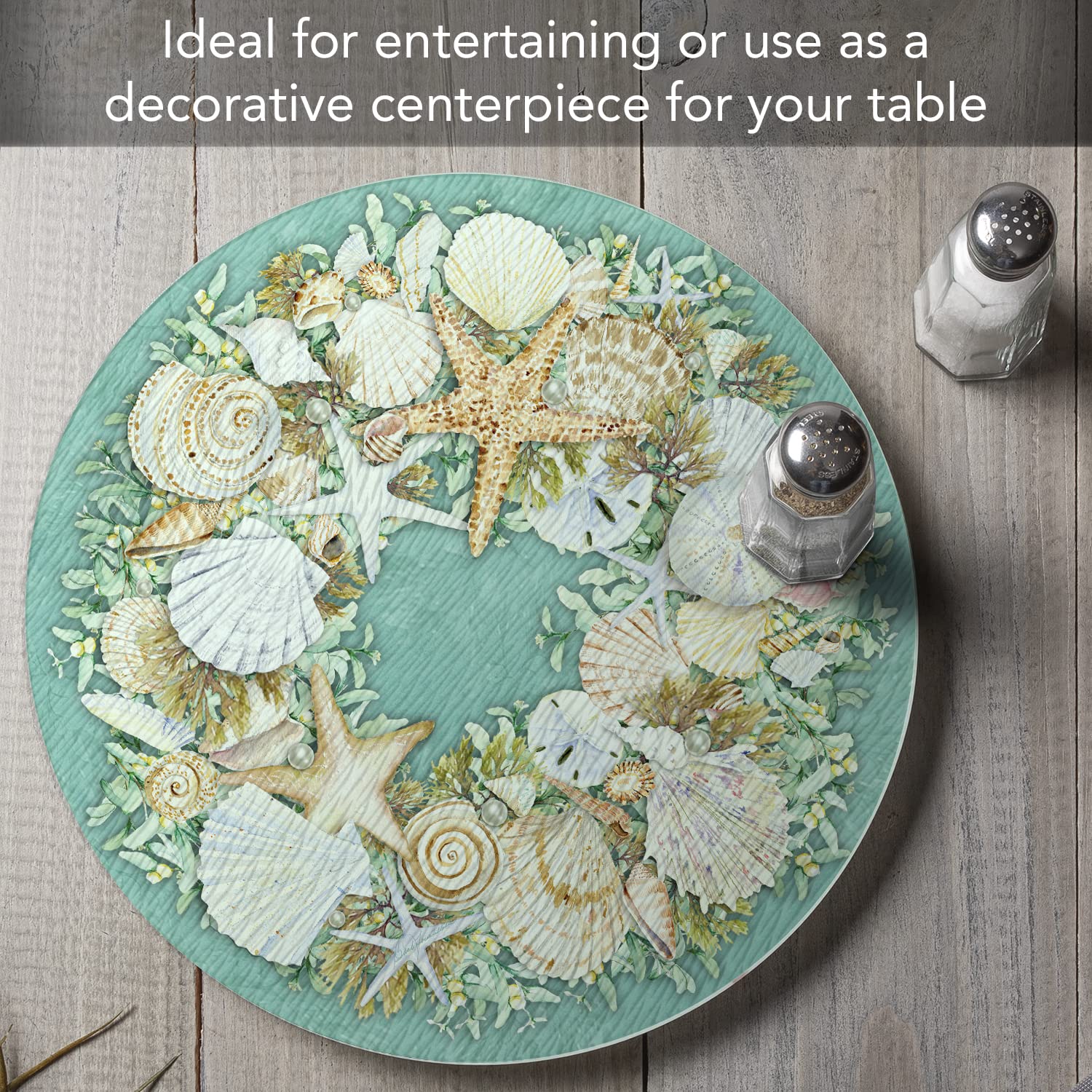 CounterArt Coastal Wreath 4mm Heat Tolerant Tempered Glass Lazy Susan Turntable 13β Diameter Cake Plate Pizza Server