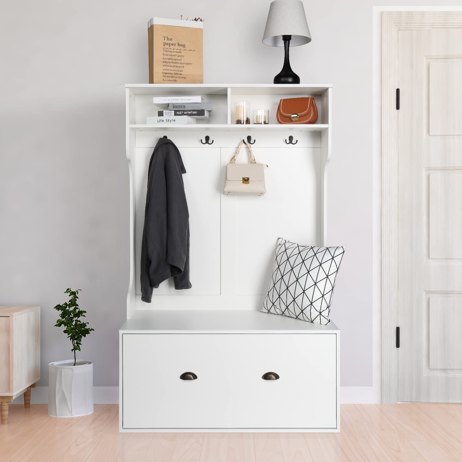 COOBL Freestanding Wardrobe Rack Shelves,Closet Organizer with Shelves Drawers and Hooks,Bedroom, Porch Wardrobe Storage Rack, White (40 x 18.5 x 65 Inch)