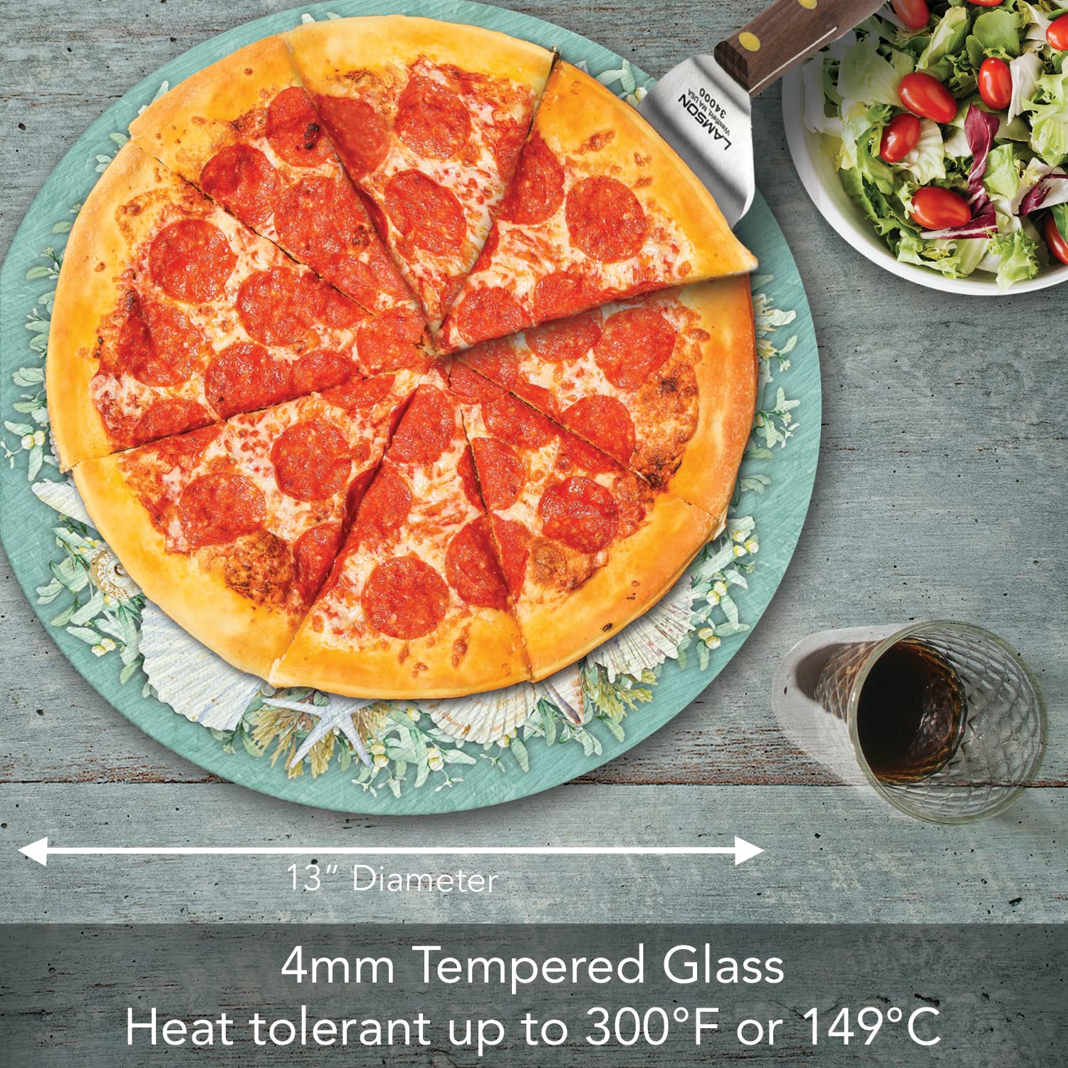CounterArt Coastal Wreath 4mm Heat Tolerant Tempered Glass Lazy Susan Turntable 13β Diameter Cake Plate Pizza Server