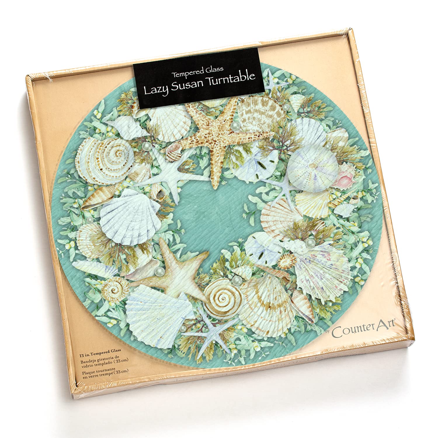 CounterArt Coastal Wreath 4mm Heat Tolerant Tempered Glass Lazy Susan Turntable 13β Diameter Cake Plate Pizza Server