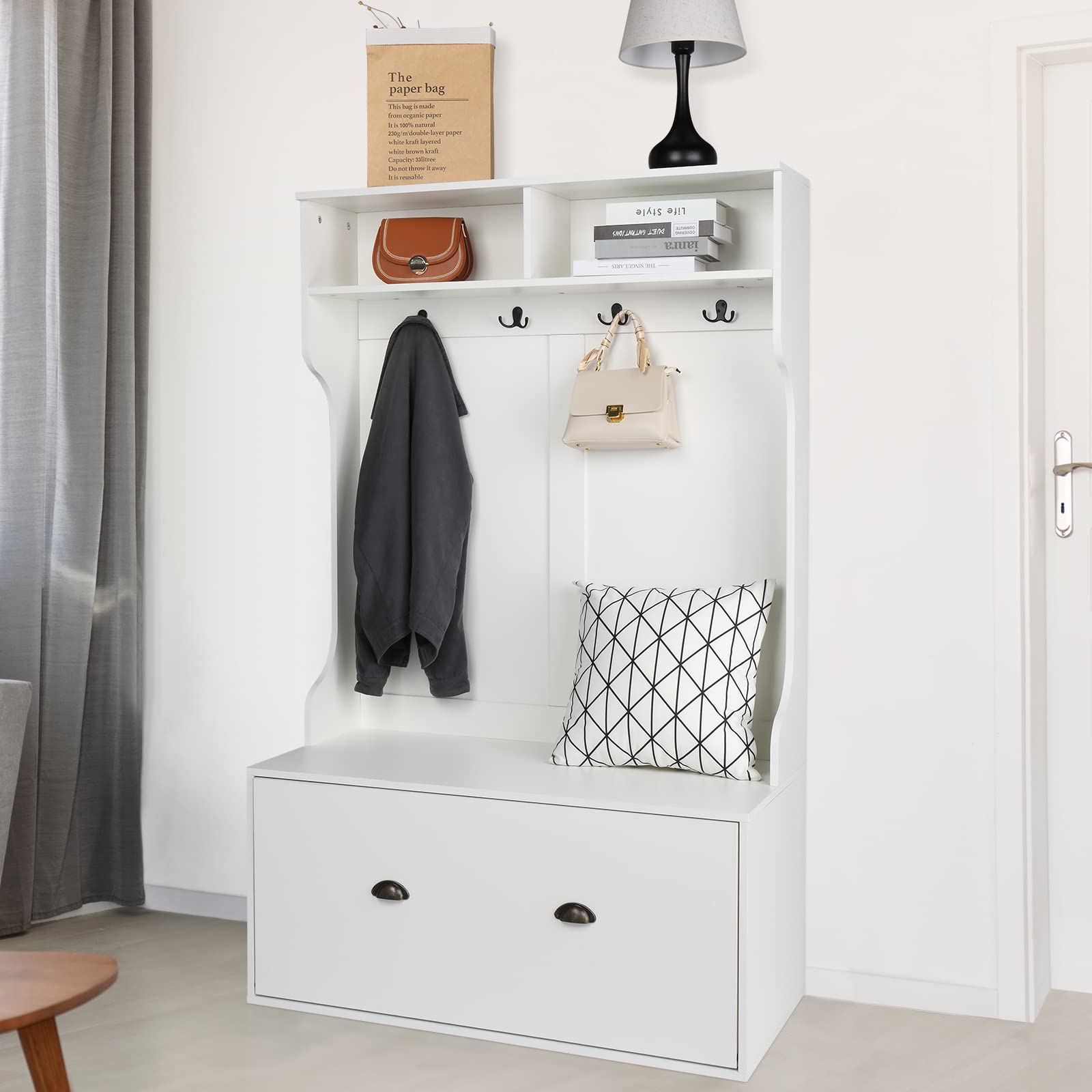 COOBL Freestanding Wardrobe Rack Shelves,Closet Organizer with Shelves Drawers and Hooks,Bedroom, Porch Wardrobe Storage Rack, White (40 x 18.5 x 65 Inch)