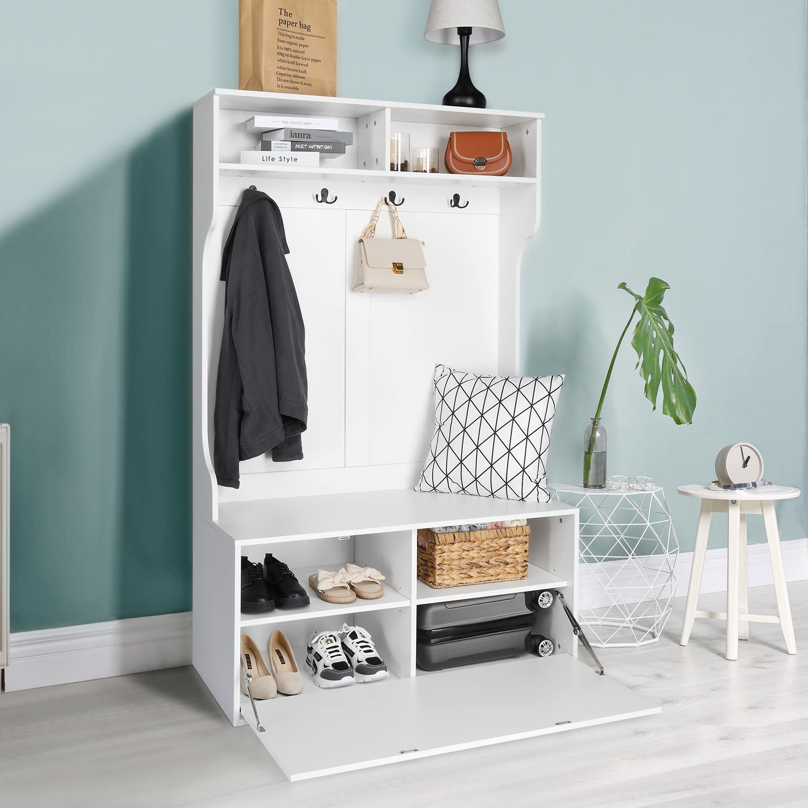 COOBL Freestanding Wardrobe Rack Shelves,Closet Organizer with Shelves Drawers and Hooks,Bedroom, Porch Wardrobe Storage Rack, White (40 x 18.5 x 65 Inch)