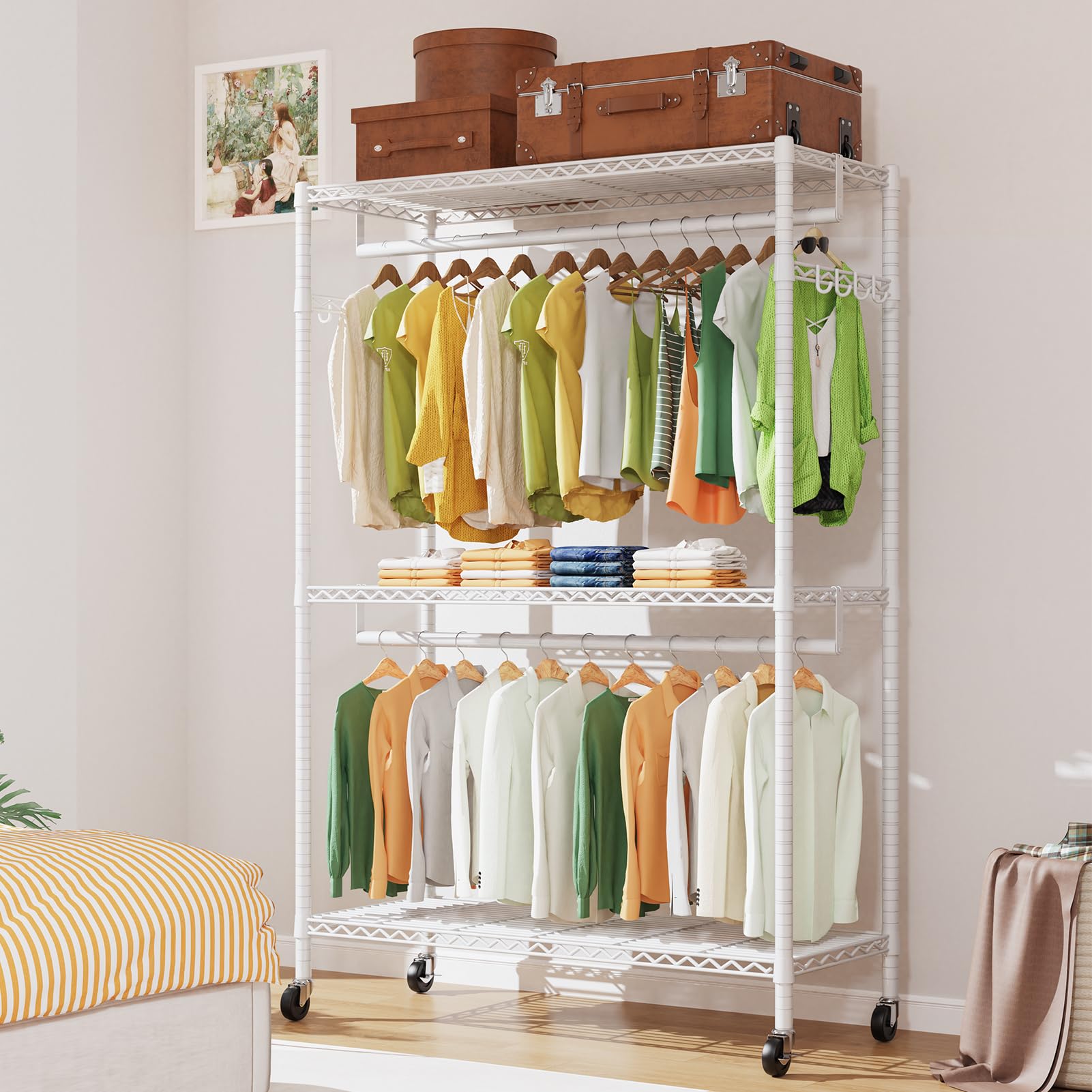 LEHOM G1L 3 Tiers Garment Rack with Storage Shelves, Heavy Duty Rolling Free-Standing Clothing Rack Closet Organizer with Double Rods/Lockable Wheels & 2 Side Hooks, Max Load 450 LBS, White