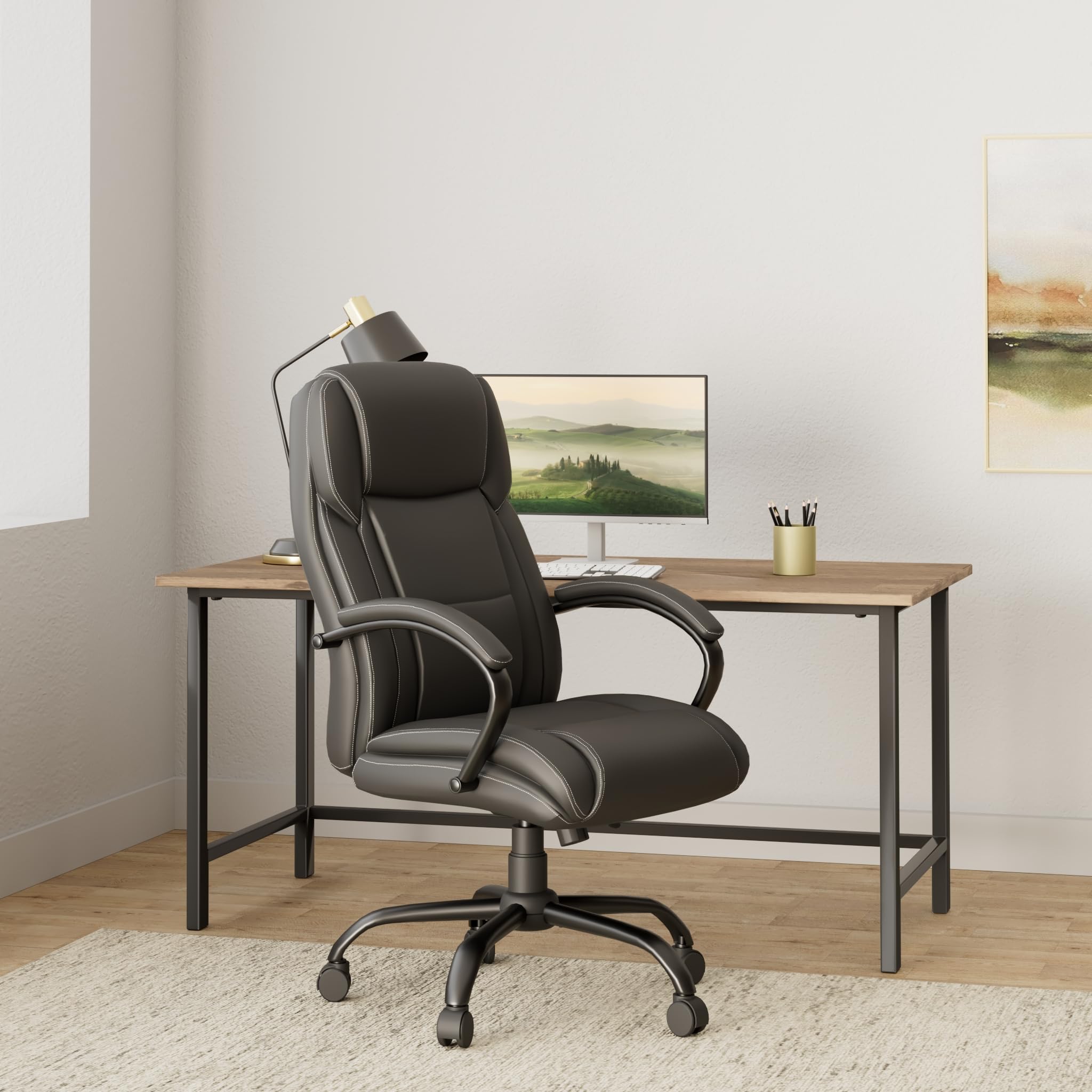 Big and Tall Office Chair 400lbs Wide Seat Ergonomic Office Chair with Lumbar Support Arms High Back PU Leather Executive Task Computer Chair,Black
