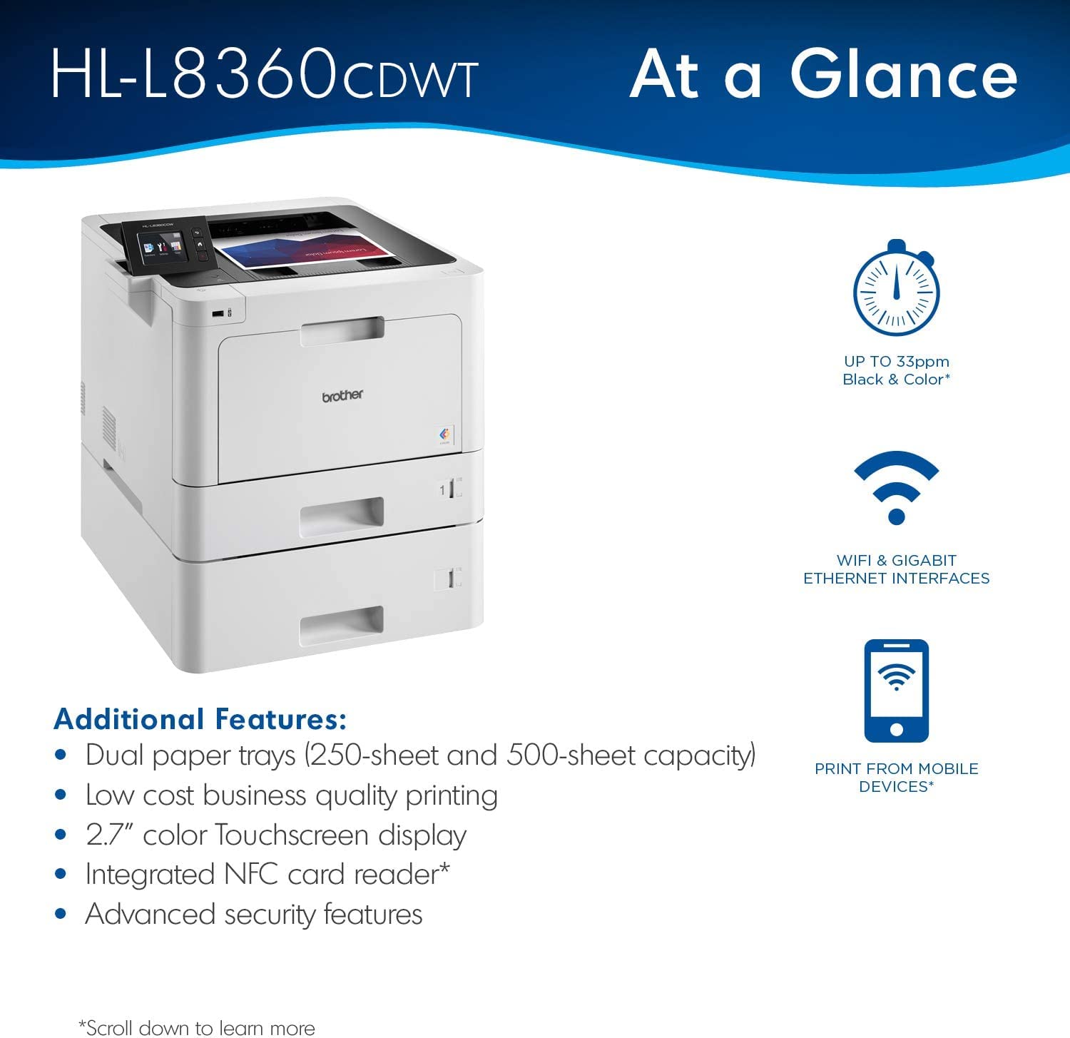Brother HL-L8360CDWT Business Color Wireless Laser Printer Single-Function - Print Only - 2.7" Touchscreen LCD, 33 ppm, 600 x 2400 dpi, Auto Duplex Printing, 1GB Memory, Dual Trays, NFC, Ethernet