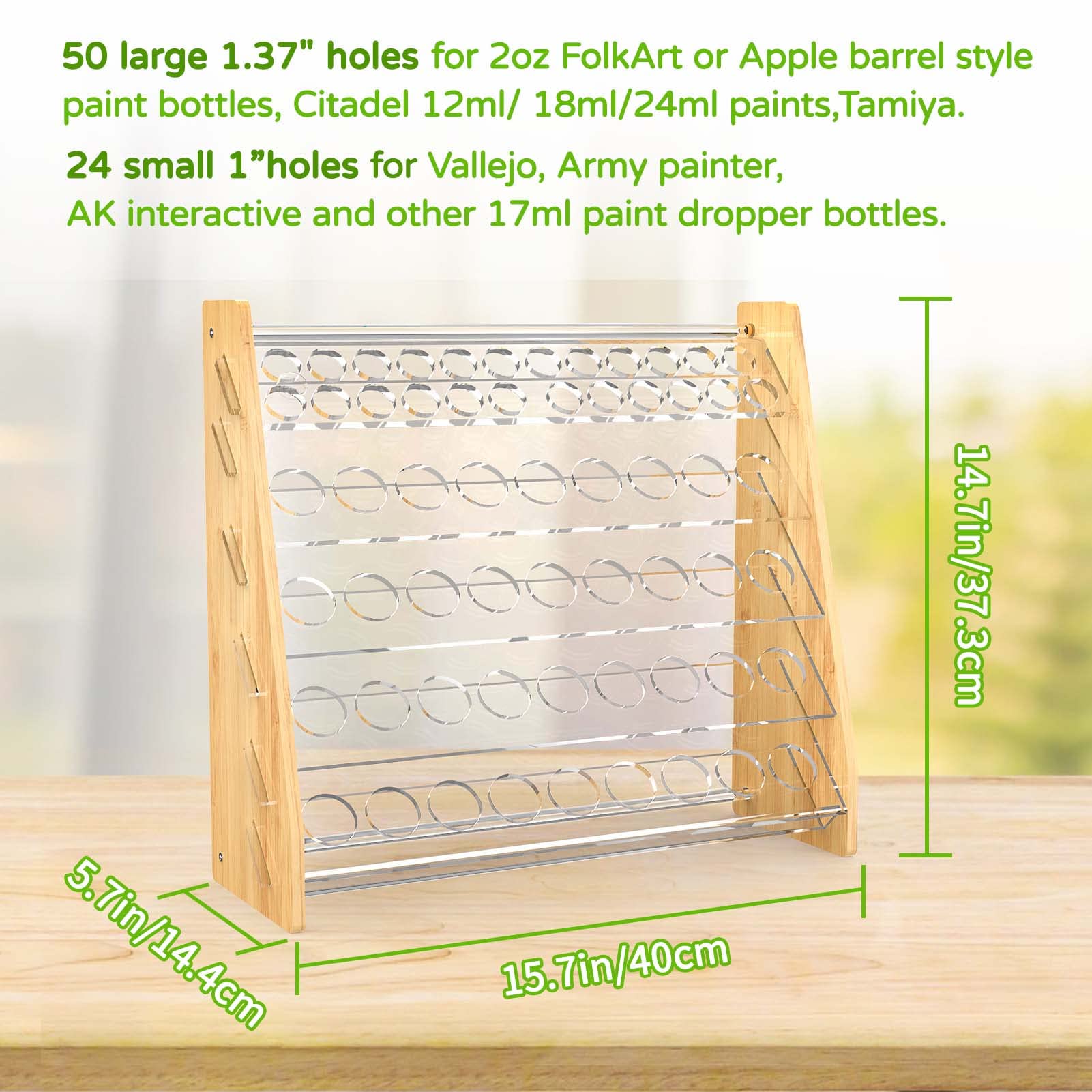 Acrylic Paint Organizer Rack for 60 Bottles, 5 Tiers Bamboo Craft Hobby Paint Holder Storage Paint Rack Display Stand, Pigment Organizer Holder Ink Bottle Stands for Miniature Paint Set