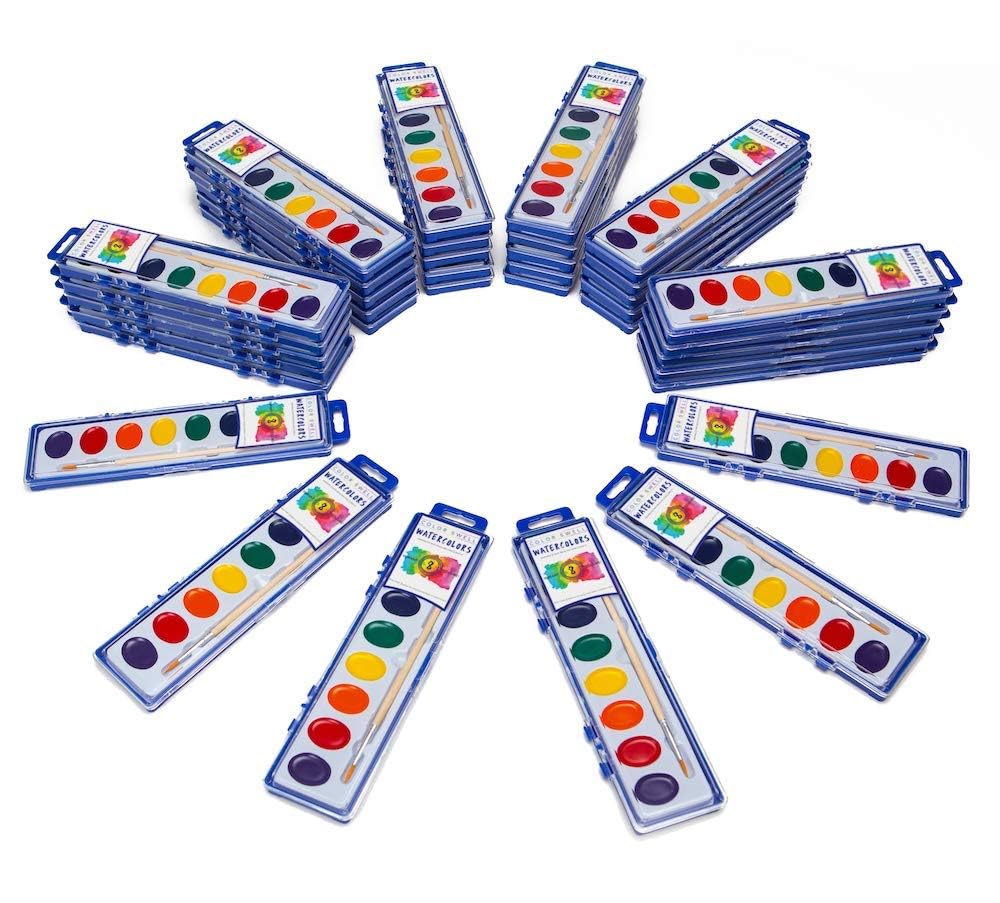 Color Swell 36 Set Bulk Watercolor Paint Pack with Wood Brushes 8 Colors Washable Water Colors Perfect for Kids Classroom Parties Students All Ages