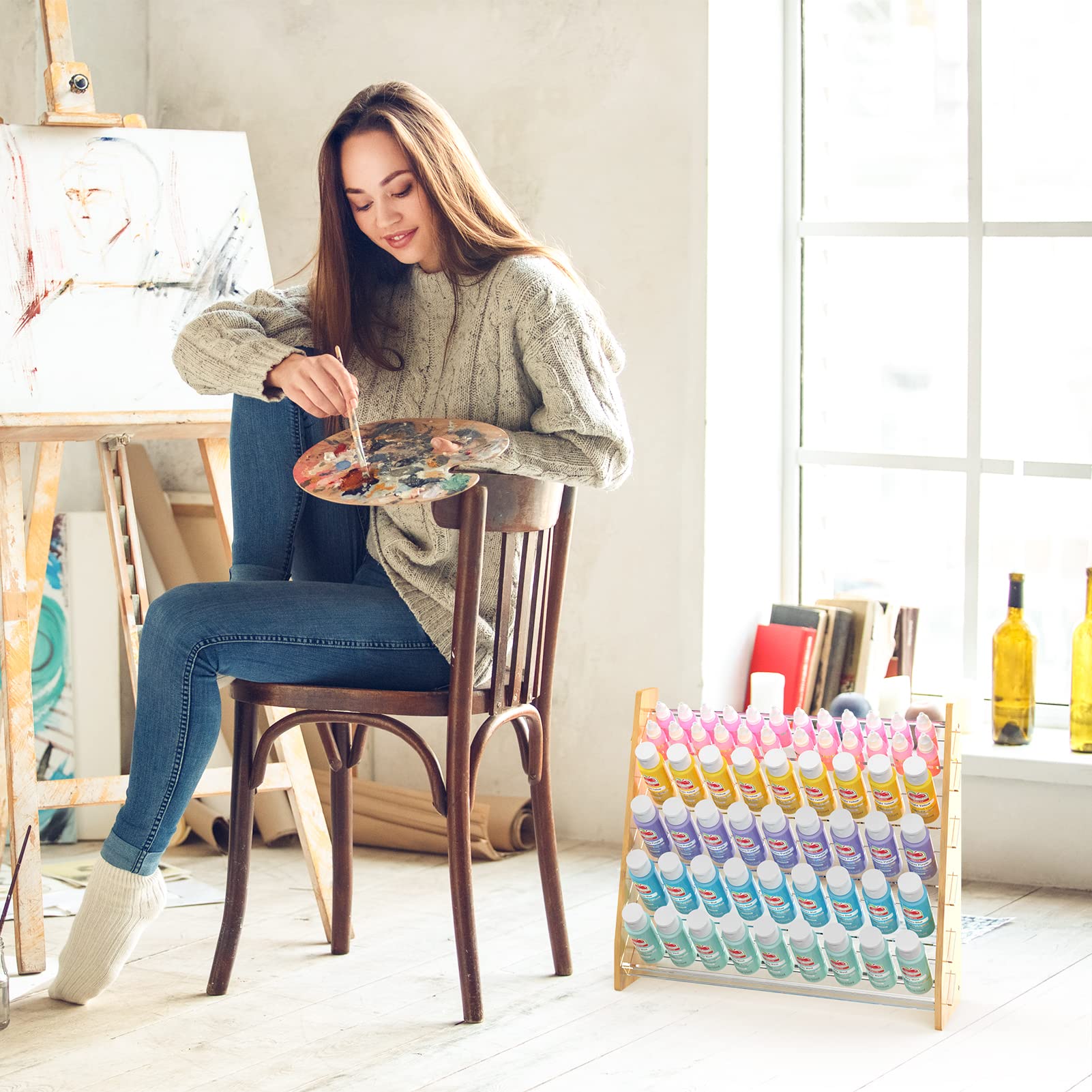 Acrylic Paint Organizer Rack for 60 Bottles, 5 Tiers Bamboo Craft Hobby Paint Holder Storage Paint Rack Display Stand, Pigment Organizer Holder Ink Bottle Stands for Miniature Paint Set