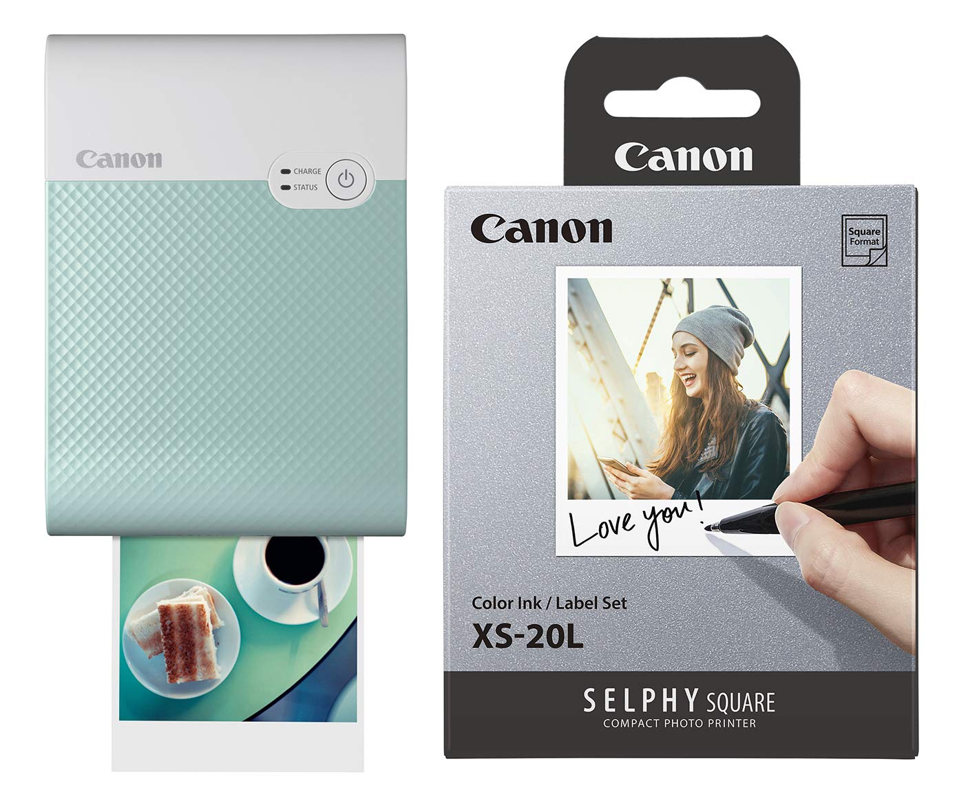 Canon SELPHY QX10 Compact Square Photo Printer, Green with Canon Color Ink/Label Set XS-20L (20 Sheets), Compatible to Canon SELPHY Square Printer