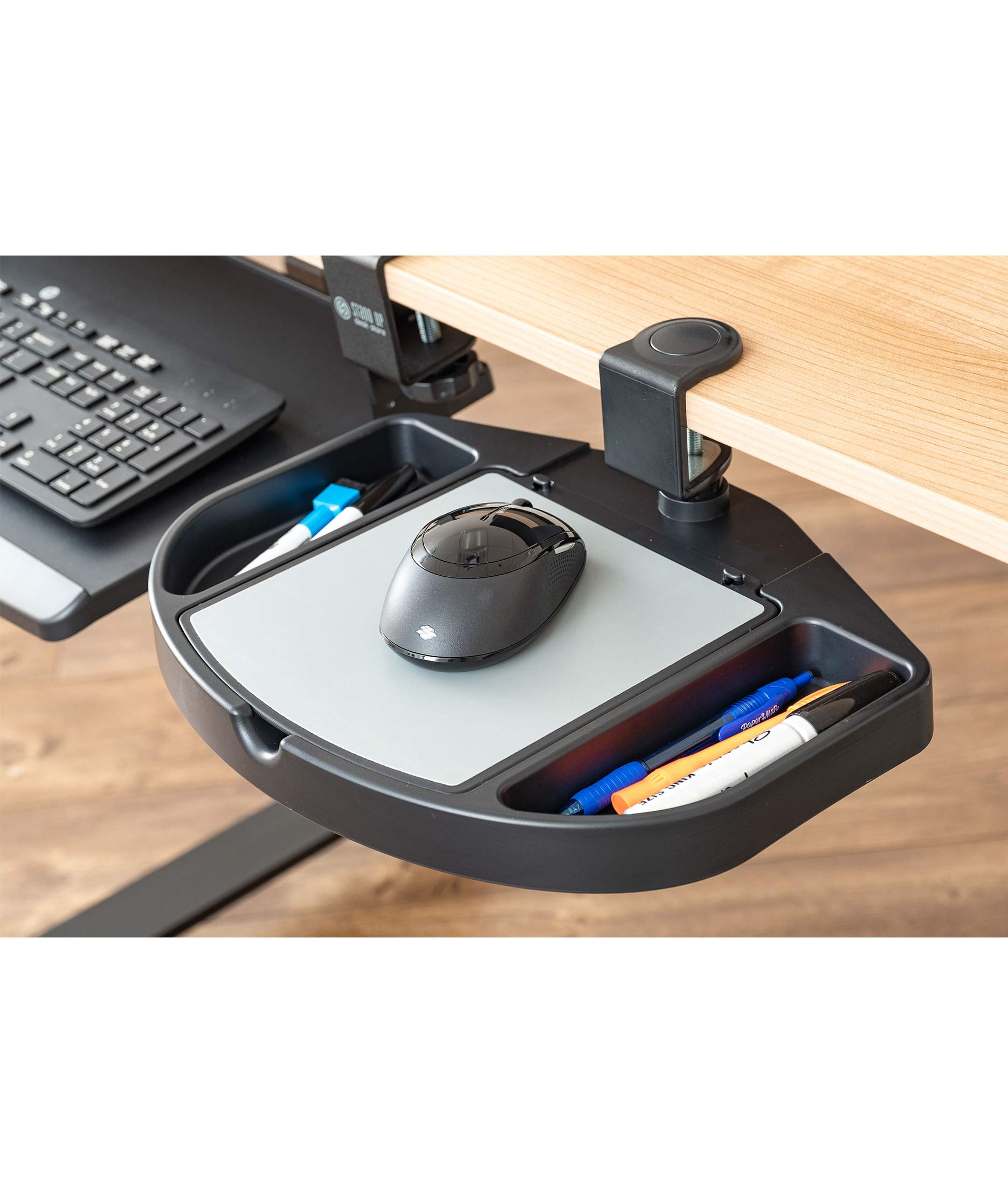 Stand Up Desk Store Clamp On 360 Degrees Swivel Out Mouse Tray with Storage for Desks and Tables Up to 1.5" Thick